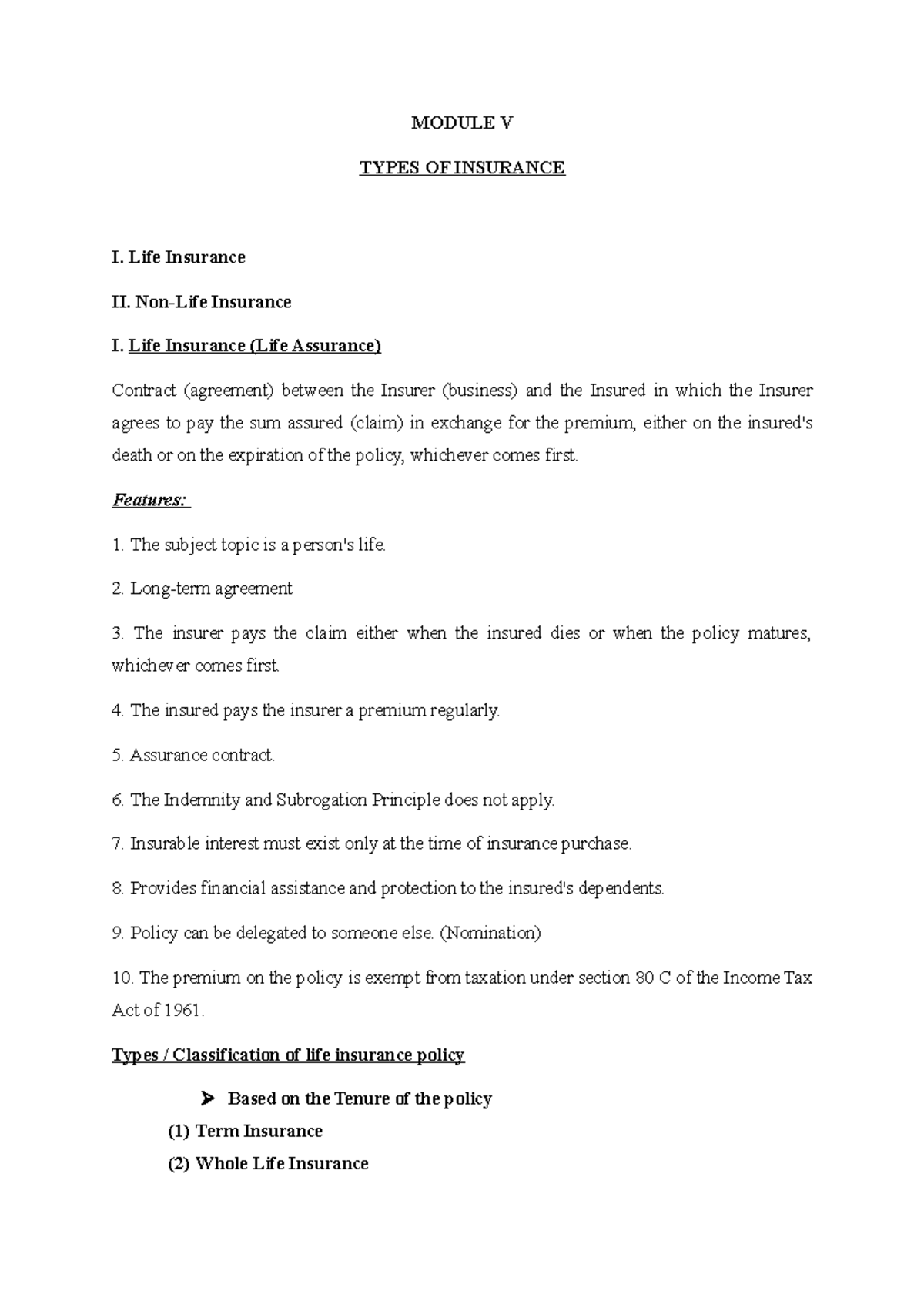 TYPES OF INSURANCE-Lecture Notes- Module II - MODULE V TYPES OF ...