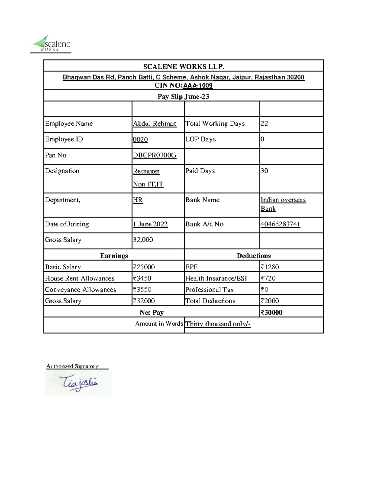 Scalene Salaryslip - Authorized Signatory: SCALENE WORKS LLP. Bhagwan ...