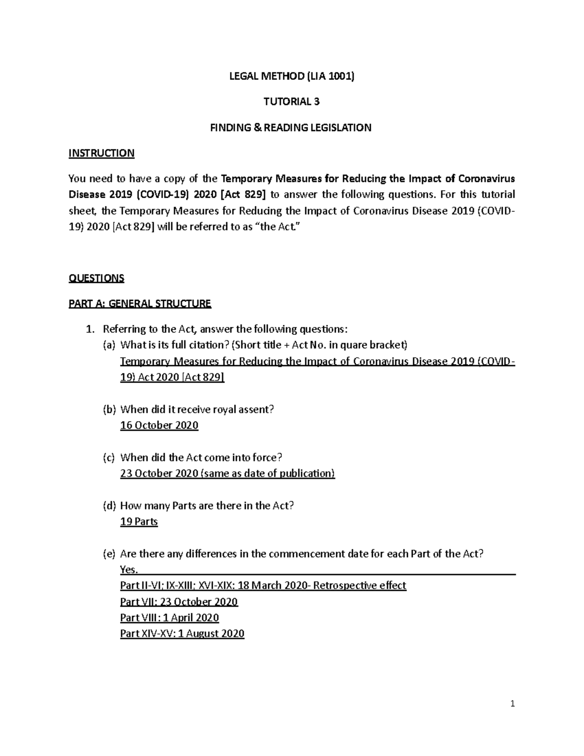 Tutorial 3 Finding and Reading Legislation - LEGAL METHOD (LIA 1001 ...