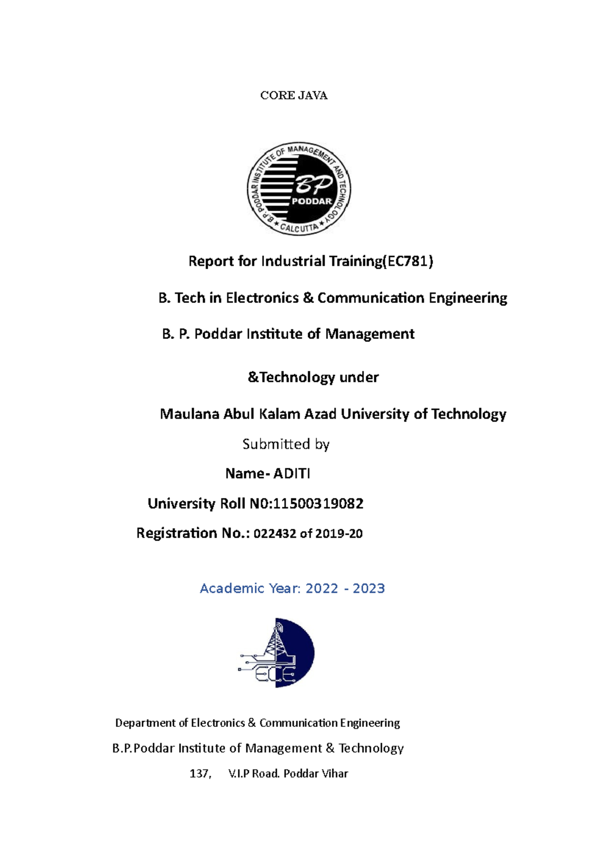 Java Java Training Report Core Java Report For Industrial Trainingec781 B Tech In 