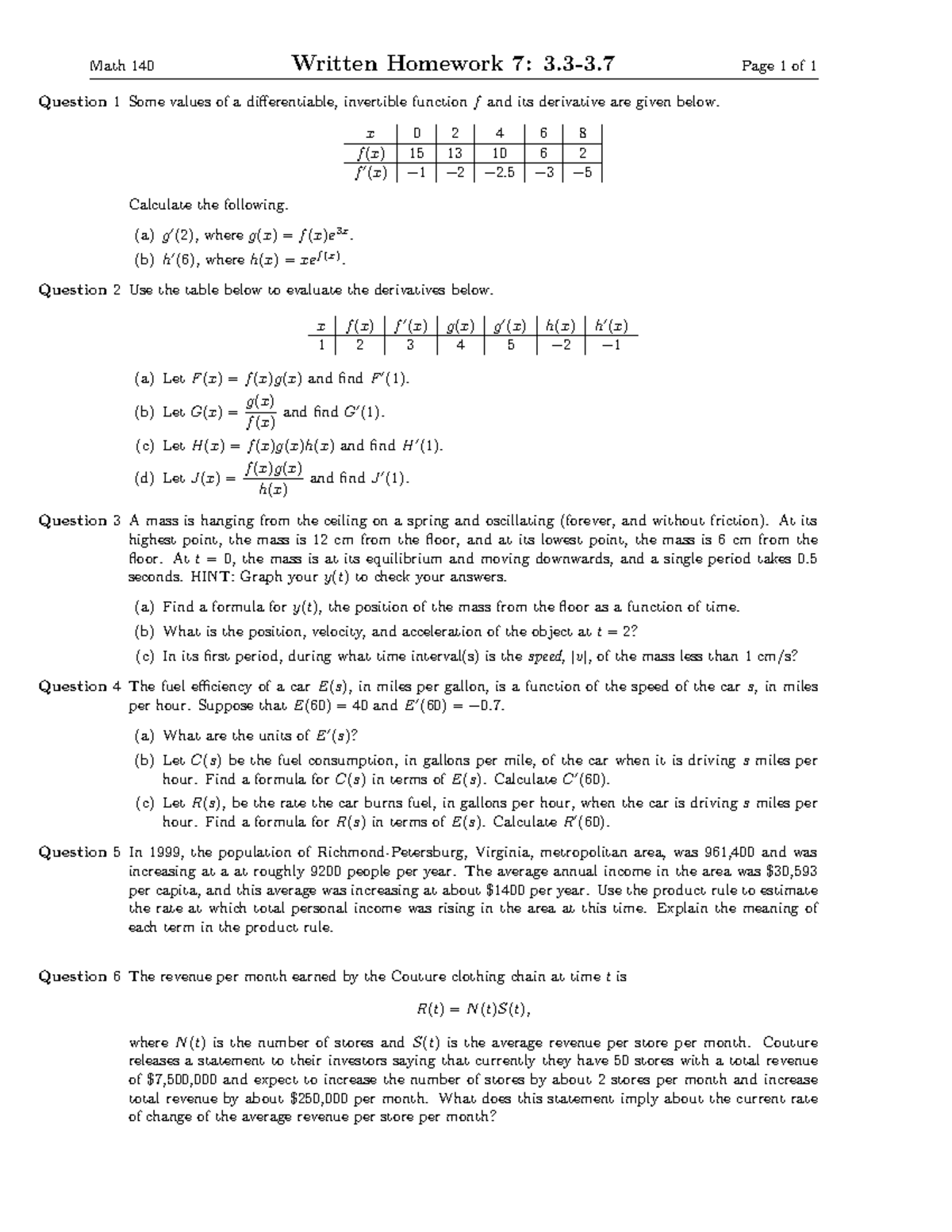 Math 140 written homework 7 - Math 140 Written Homework 7: 3.3-3 Page 1 ...