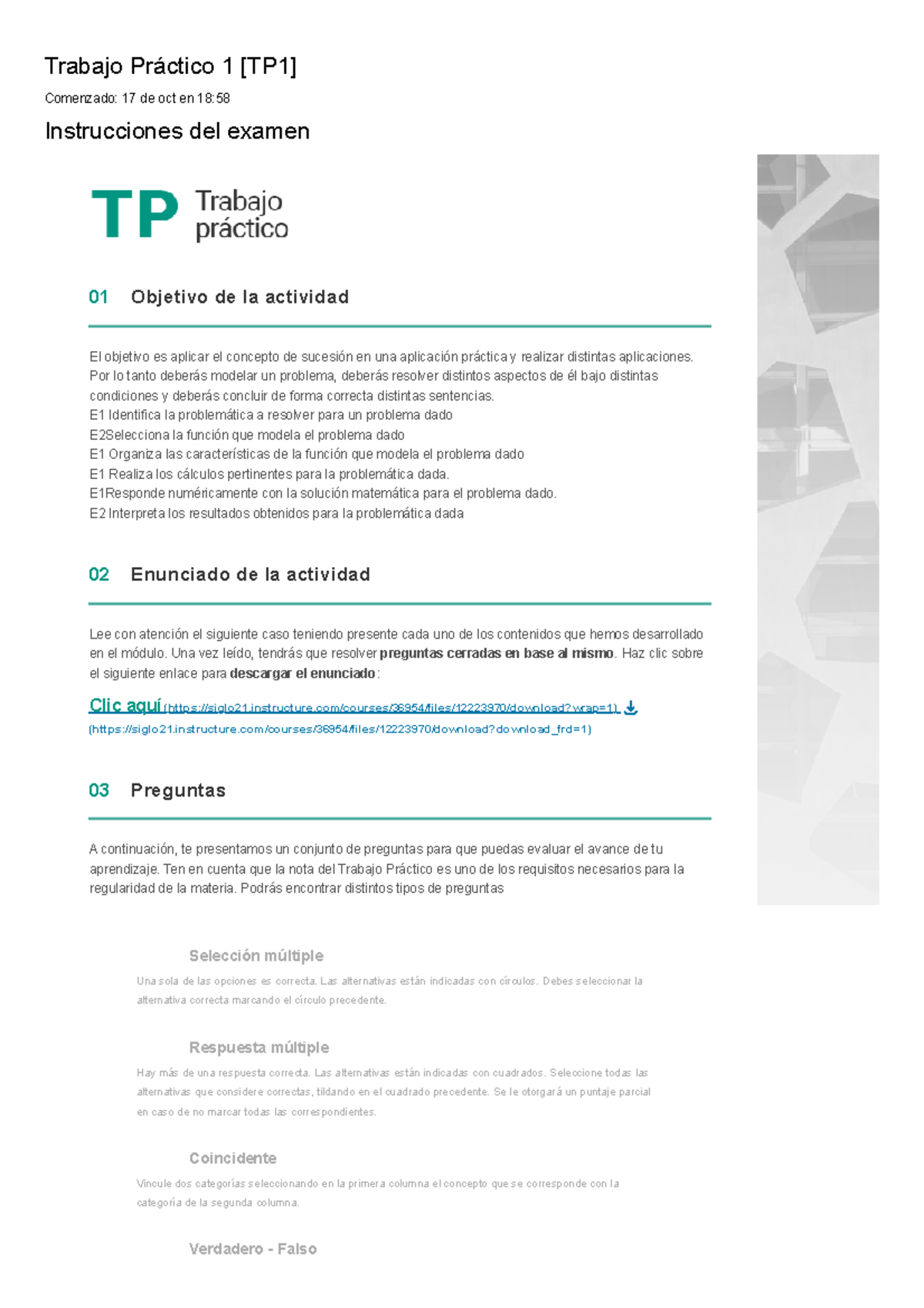 Examen Trabajo Práctico 1 [TP1] 95% - Trabajo Práctico 1 [TP1] Comenzado: 17 de oct en 18: - Studocu