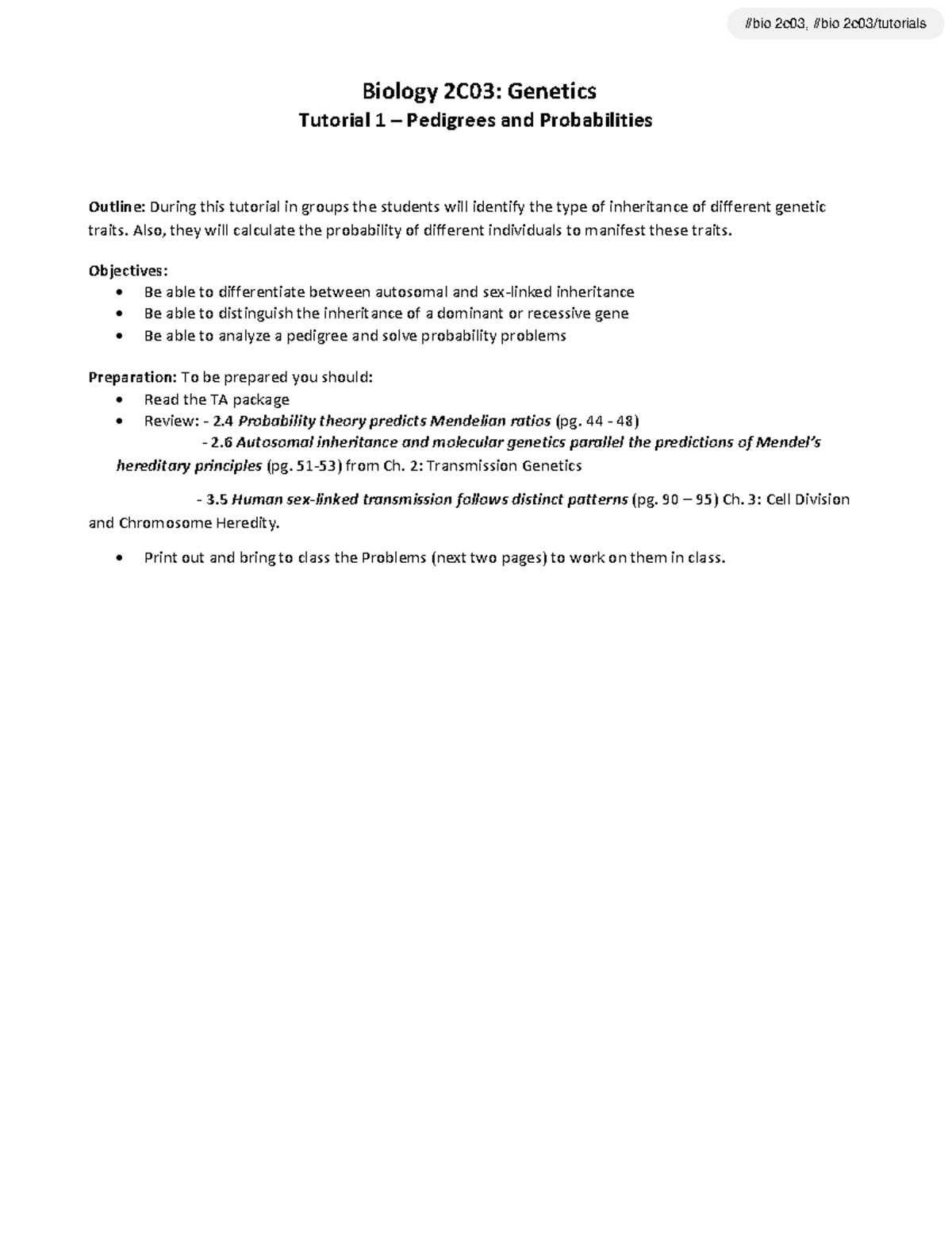 BIO 2C03 - Tutorial 1 Pedigrees and Probabilities copy - Biology 2C03: Genetics Tutorial 1 ...