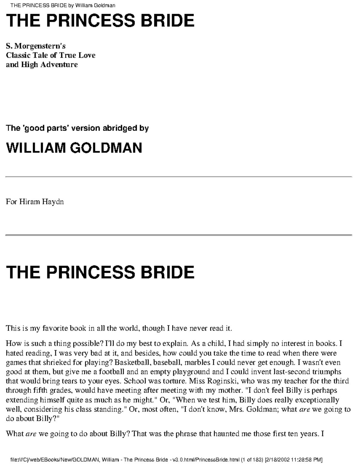 THE Princess Bride by William Goldman - THE PRINCESS BRIDE S ...