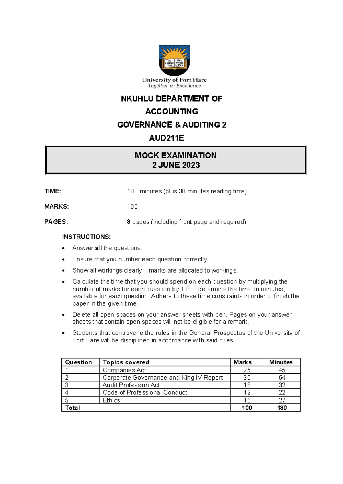 20230602 - AUD221 - Mock Exam - Solution - NKUHLU DEPARTMENT OF ...