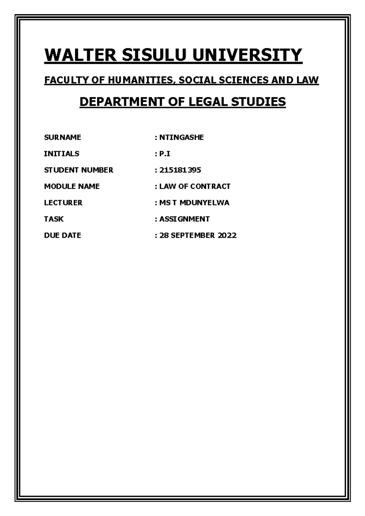 LAW OF Contract - Reading notes - WALTER SISULU UNIVERSITY FACULTY OF ...