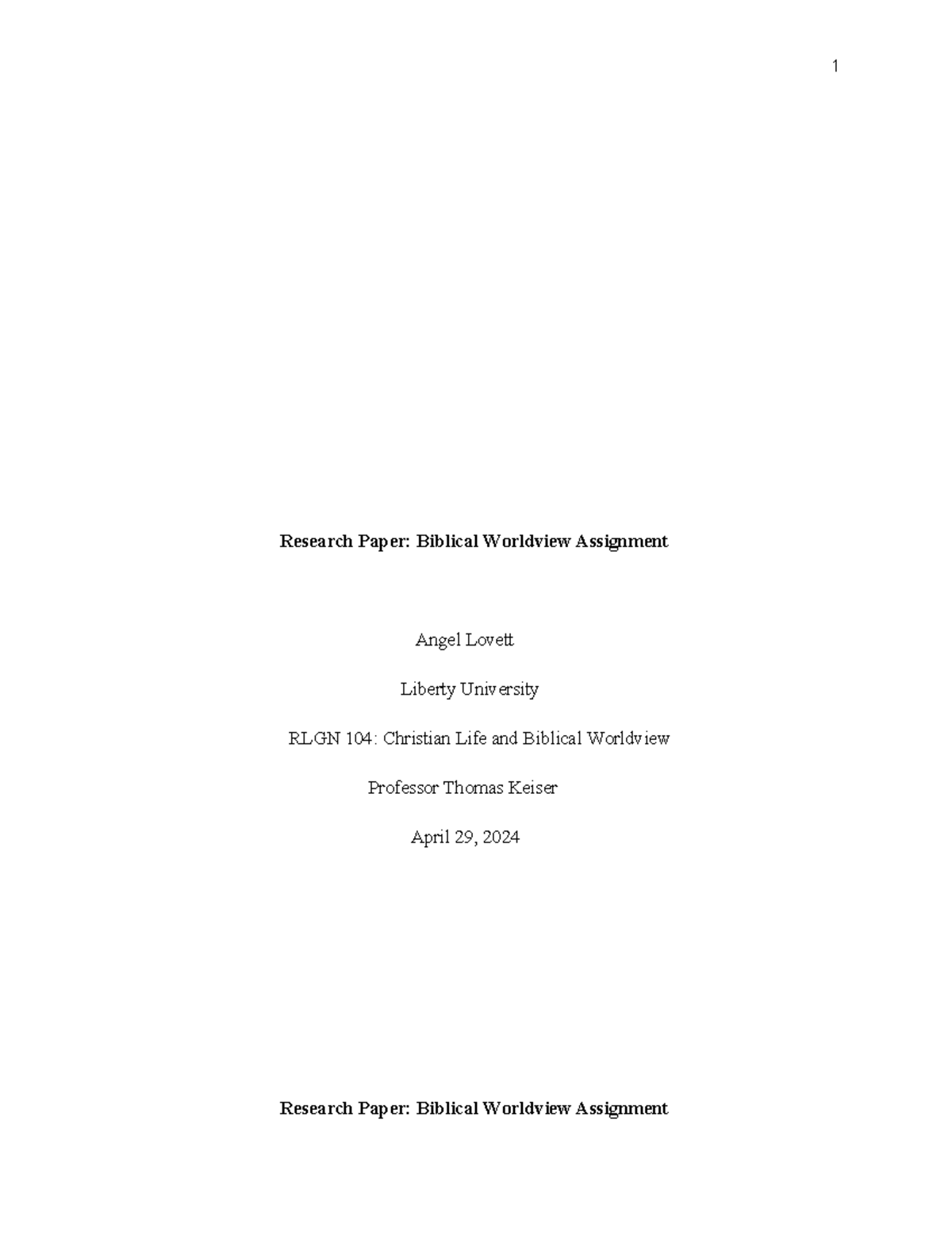 Research Paper Worldview Assignment - Research Paper: Biblical ...