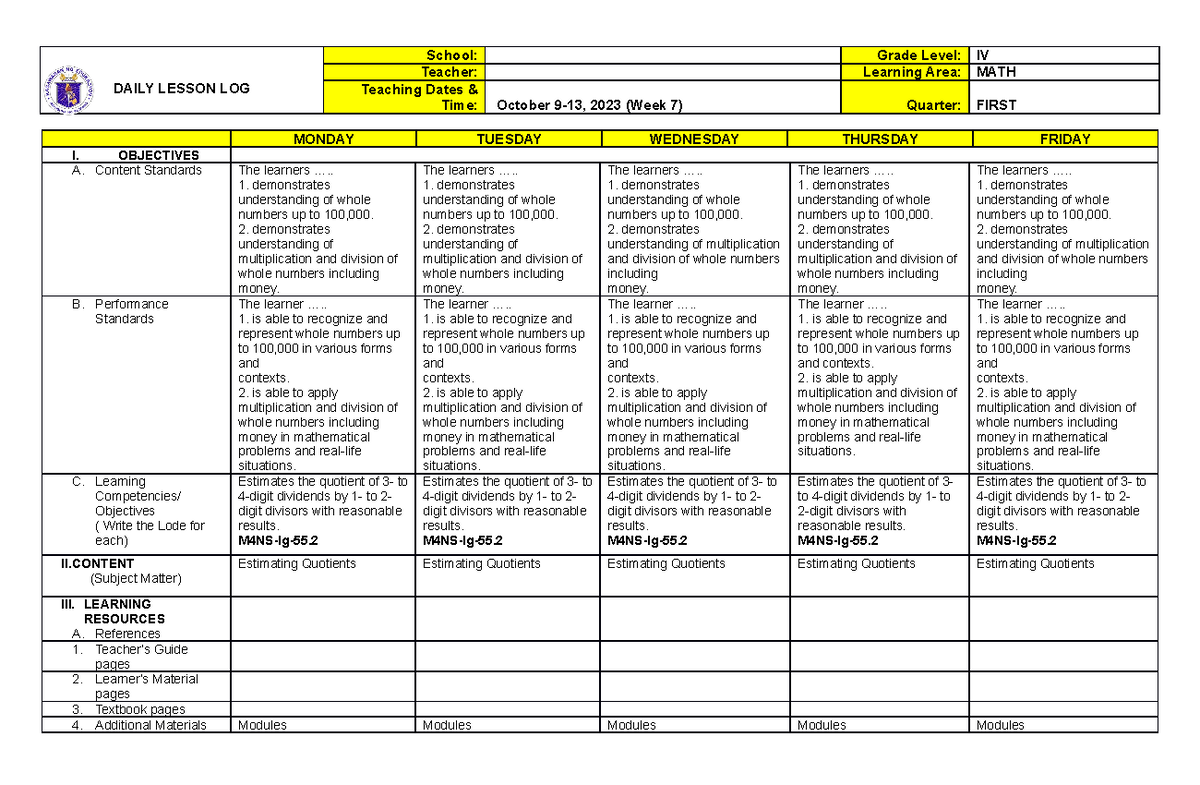 MAT W7 - dll - DAILY LESSON LOG School: Grade Level: IV Teacher ...