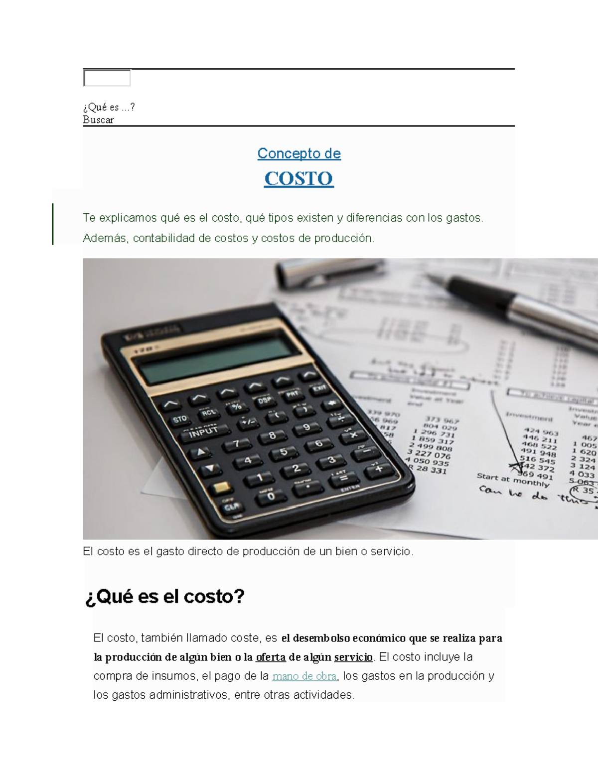 Apuntes y definición qué es el costo - ¿Qué es ...? Buscar Concepto de ...