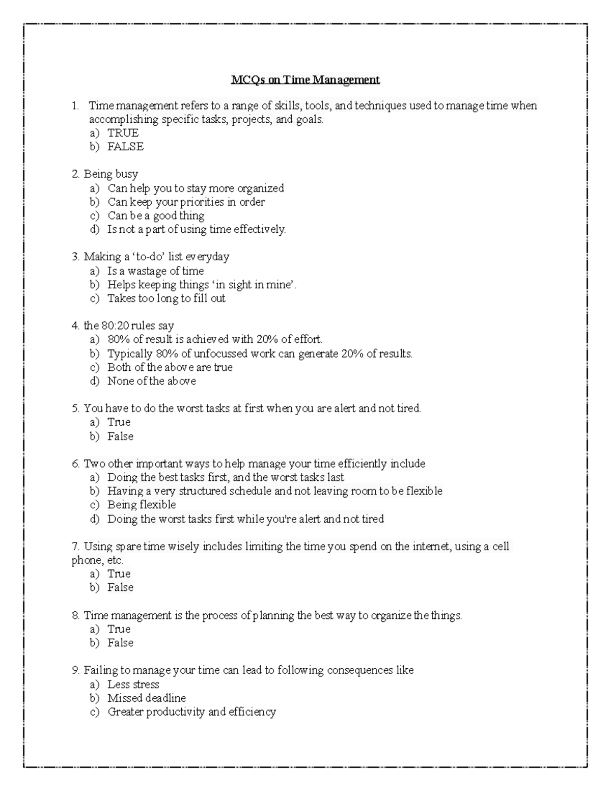 MCQs on Time Management - MCQs on Time Management Time management ...