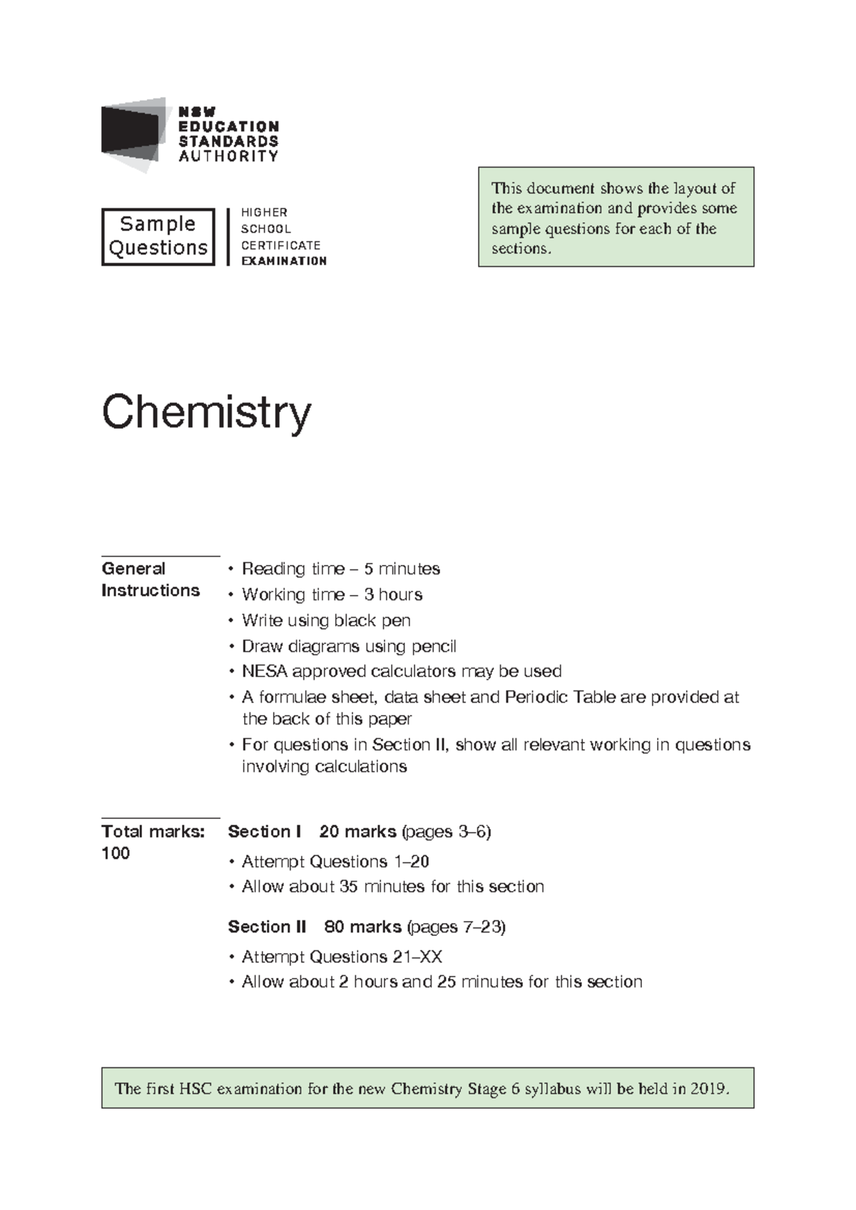 Sample questions new hsc chemistry exam 2019 - HIGHER SCHOOL ...