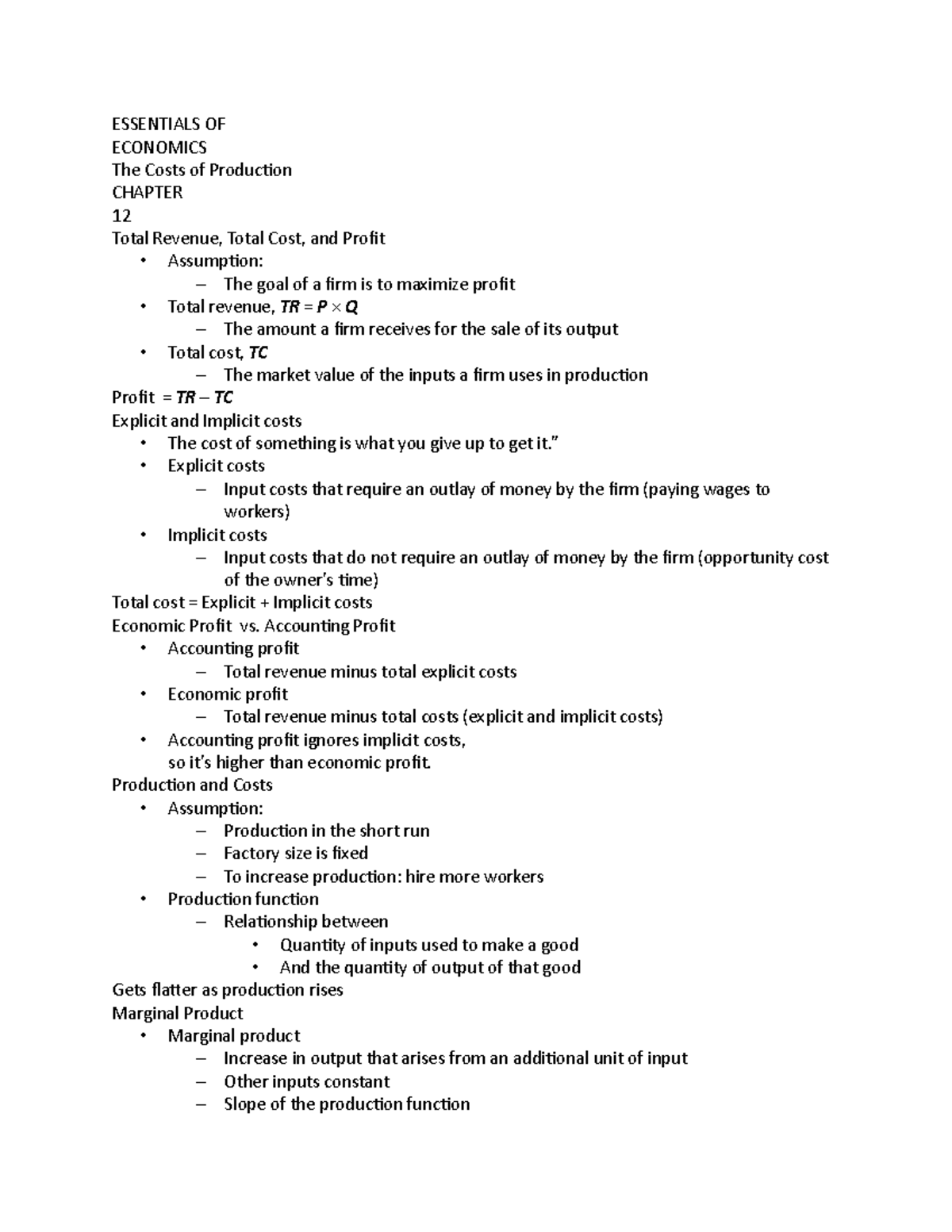 Essentials OF 12 - notes - ESSENTIALS OF ECONOMICS The Costs of ...