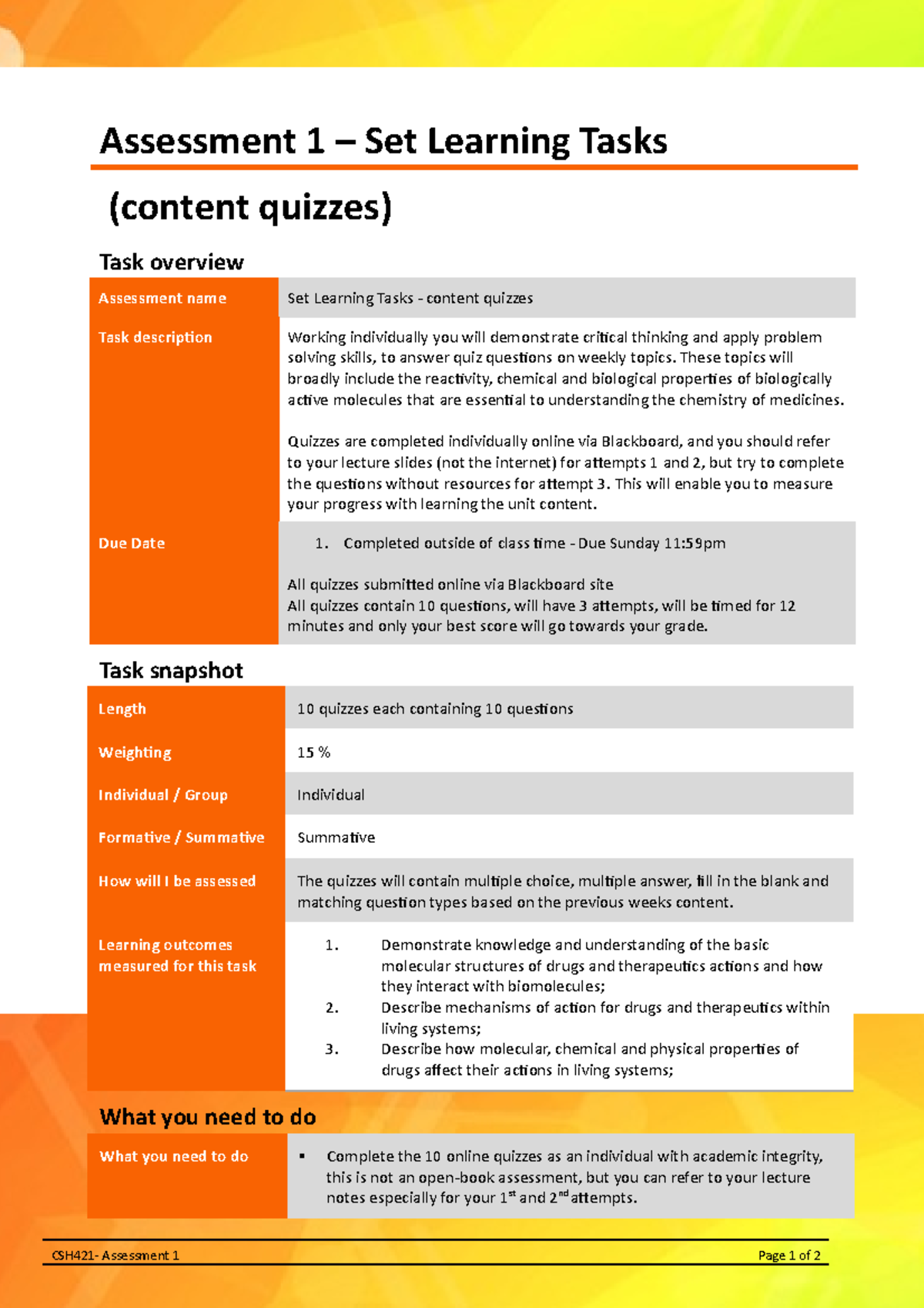 CSB421 Assessment task 1 - Assessment 1 – Set Learning Tasks (content ...