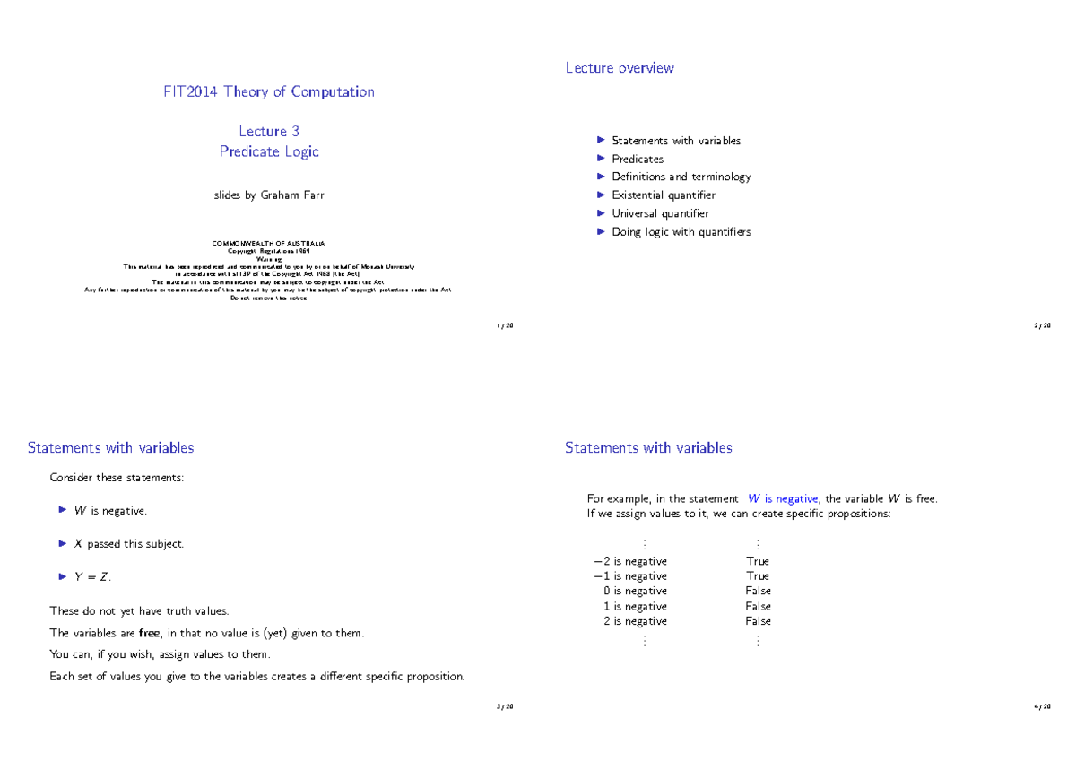 Lecture 3 - FIT2014 Theory of Computation Lecture 3 Predicate Logic slides by Graham Farr - Studocu