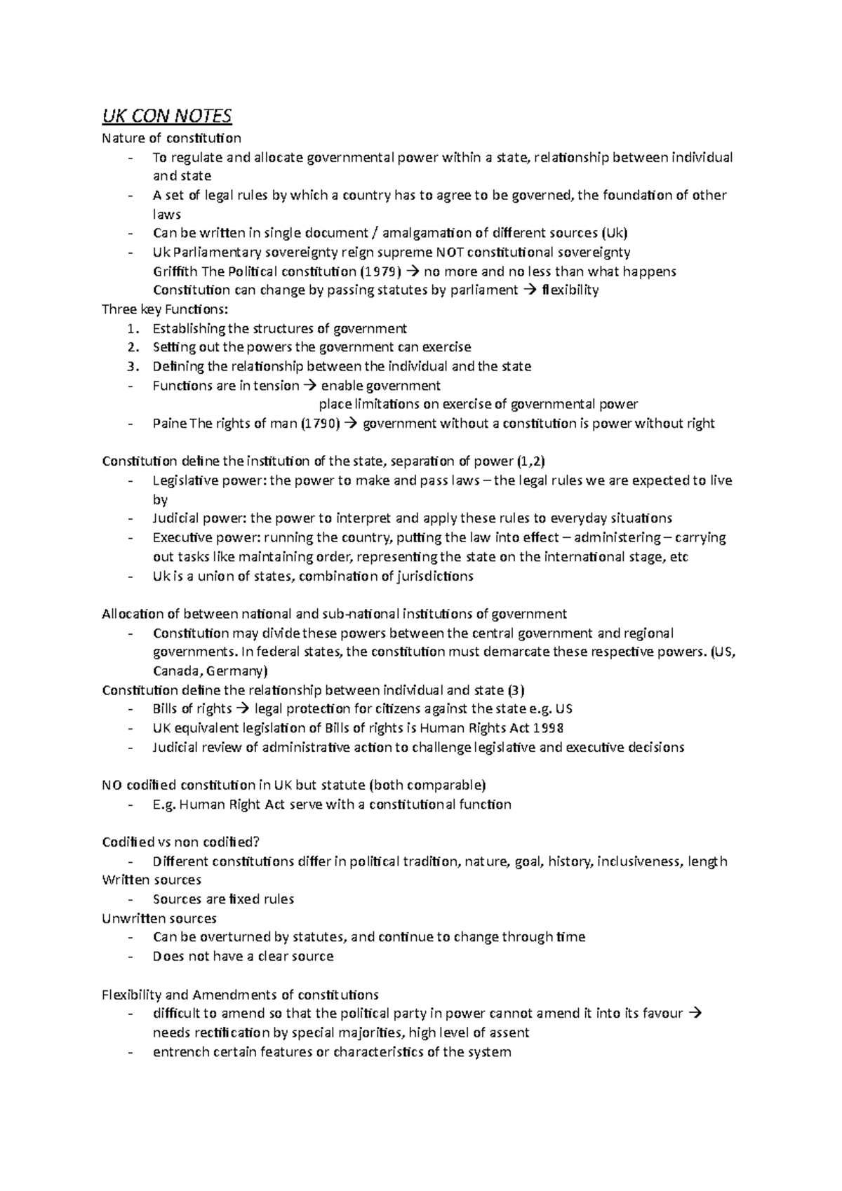 UK CON Notes - UK CON NOTES Nature of constitution - To regulate and ...