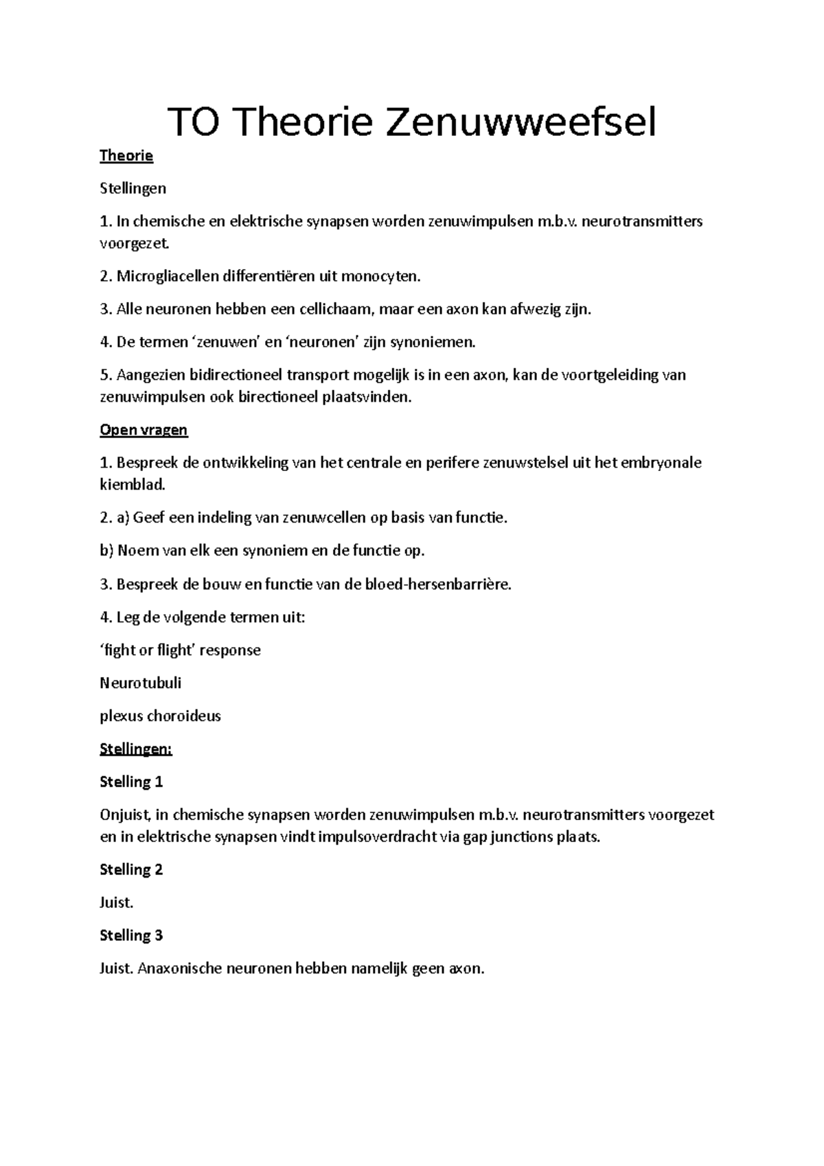 TO Theorie Zenuwweefsel - TO Theorie Zenuwweefsel Theorie Stellingen In ...
