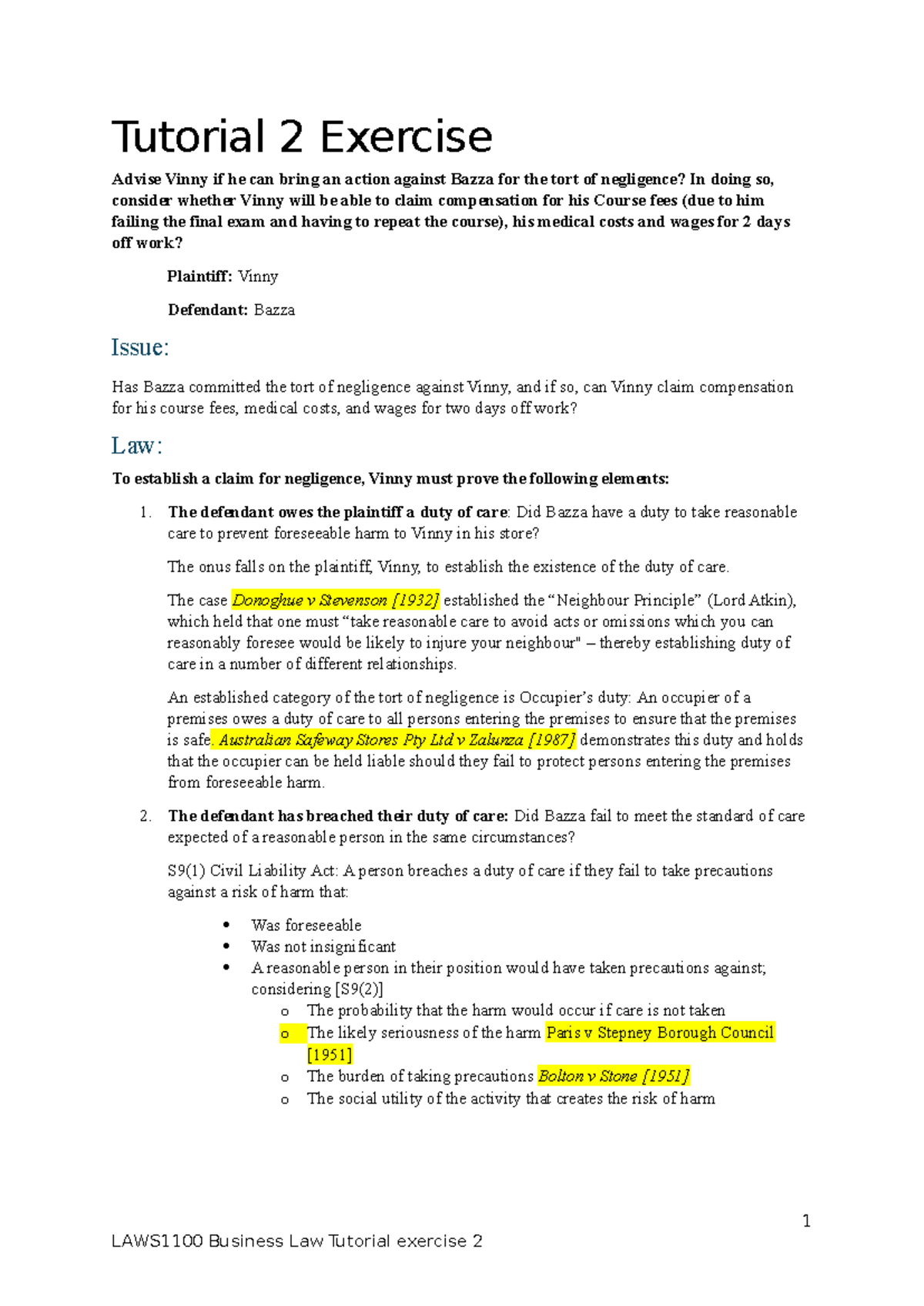 Tut Exercise 2 - Tutorial 2 Exercise Advise Vinny if he can bring an ...