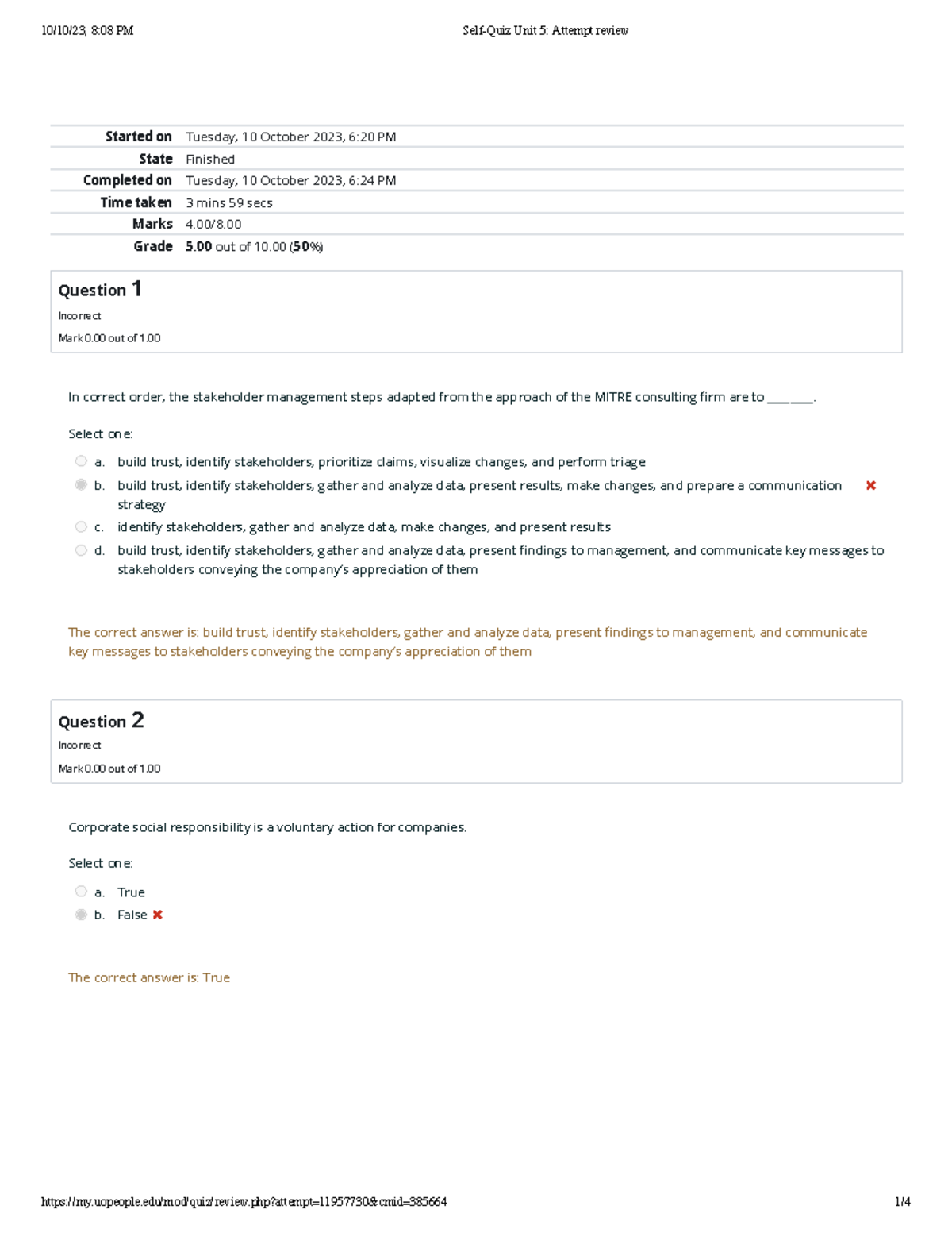 Self-Quiz Unit 5 Attempt review - Started on Tuesday, 10 October 2023 , 6 : 20 PM State Finished ...