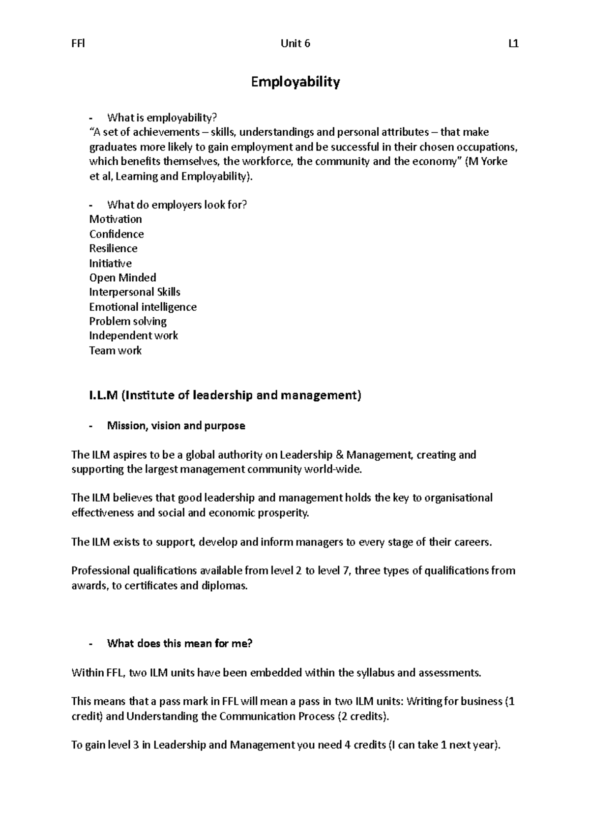 Employability - L1 Unit 6 - FFl Unit 6 L Employability What is ...