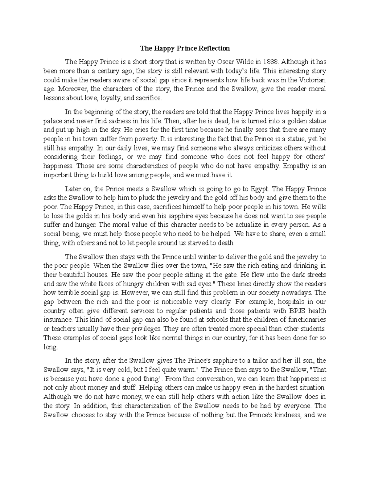 Literasi 3A: The Happy Prince Reflection - The Happy Prince Reflection ...