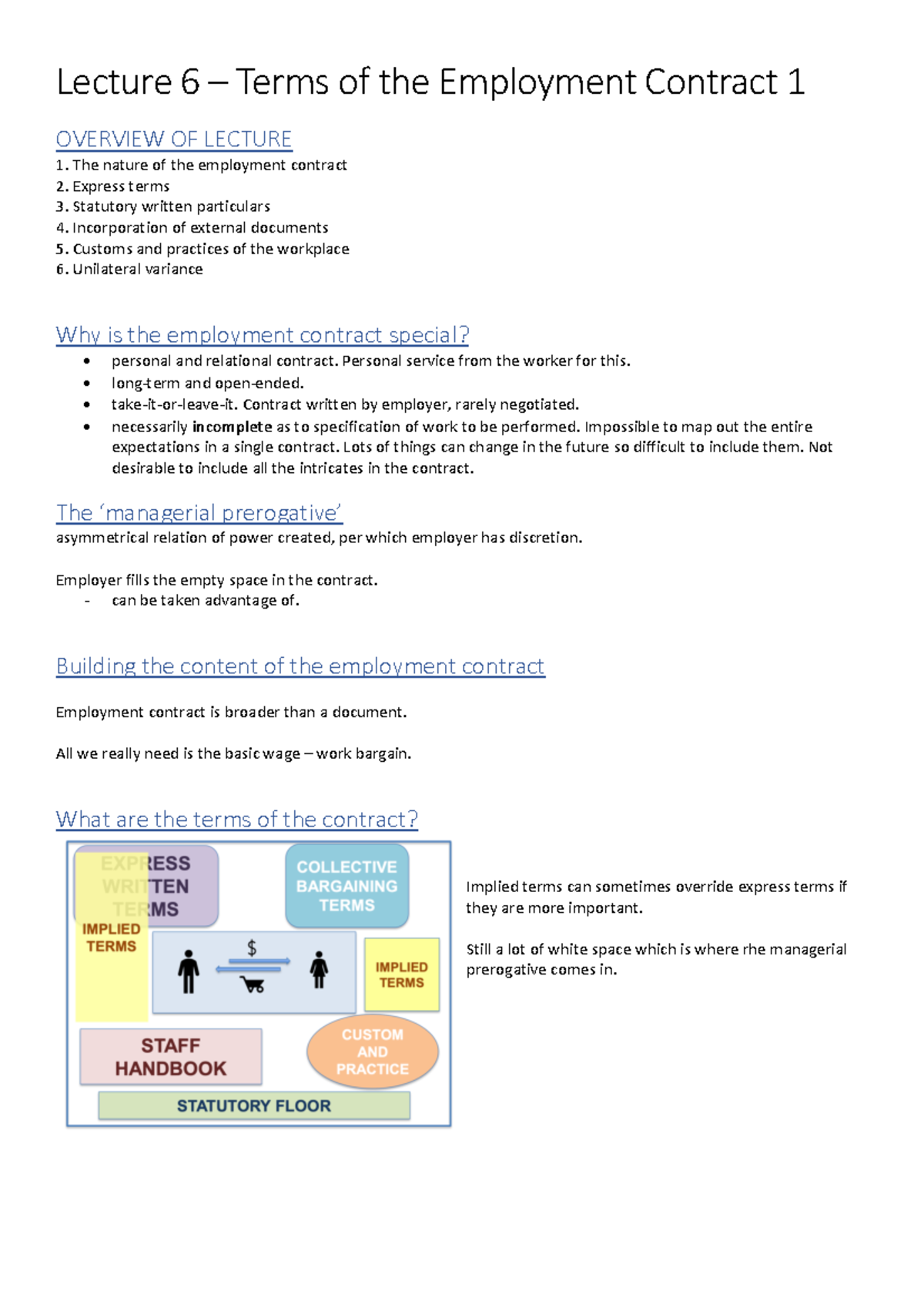 Terms of the Employment Contract 1 Lecture 6 notes - Lecture 6 – Terms ...