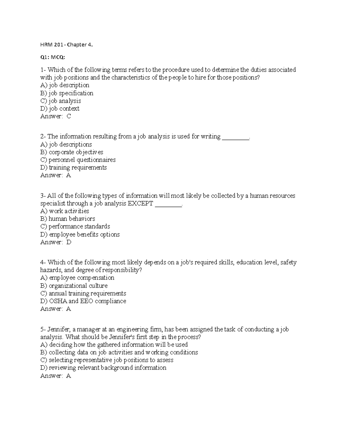 HRM 201 - Ch4 Q - kjl - HRM 201- Chapter 4. Q1: MCQ: 1- Which of the ...