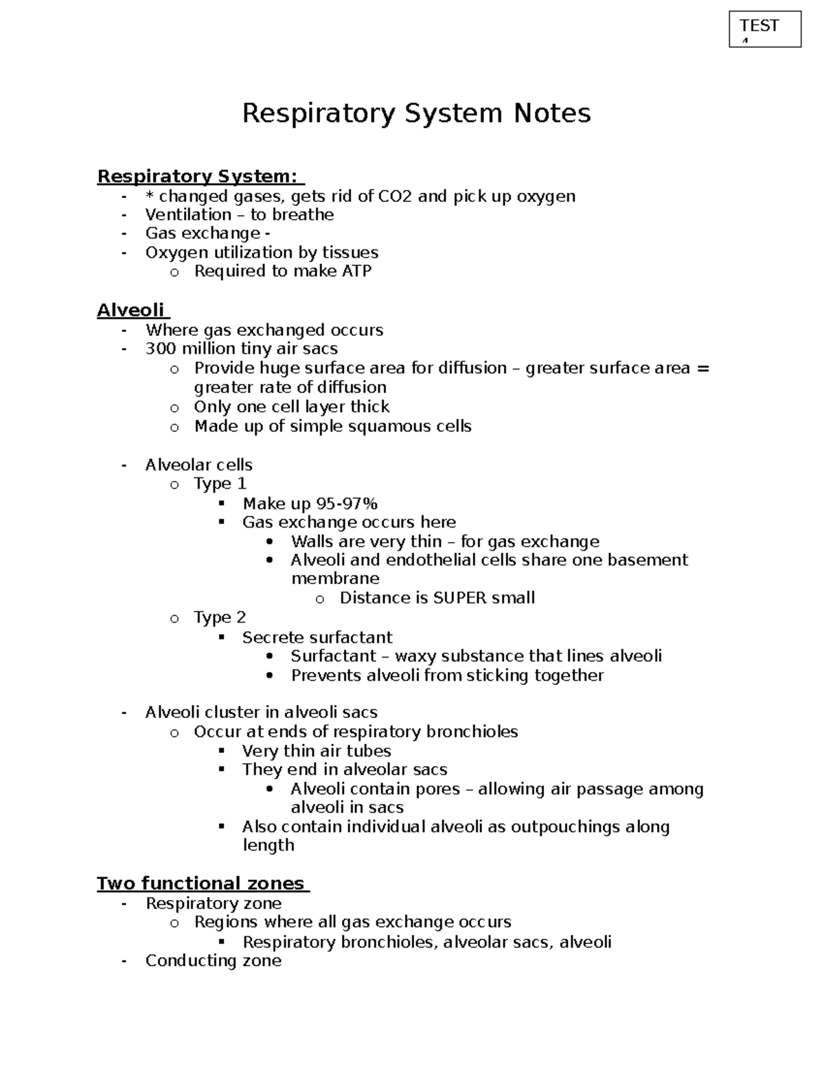 Notes - Respiratory System - Respiratory System Notes Respiratory ...
