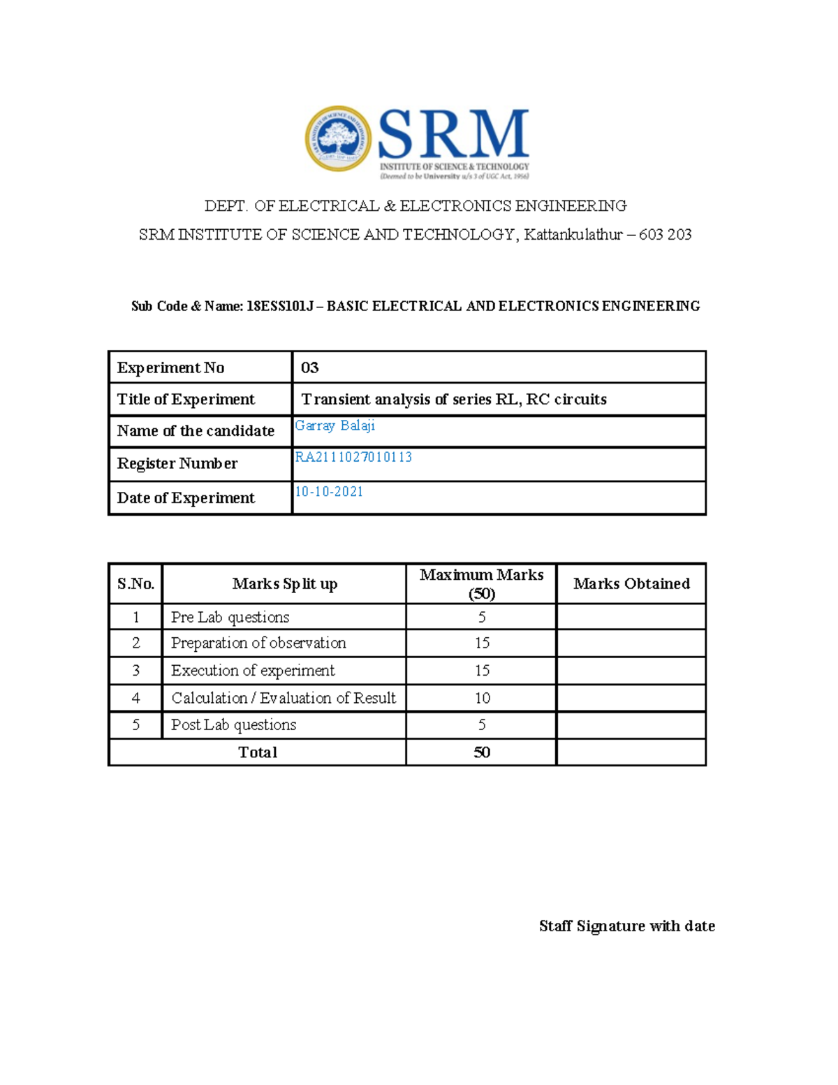 BEEE EXPERIMENT 3 - DEPT. OF ELECTRICAL & ELECTRONICS ENGINEERING SRM INSTITUTE OF SCIENCE AND ...