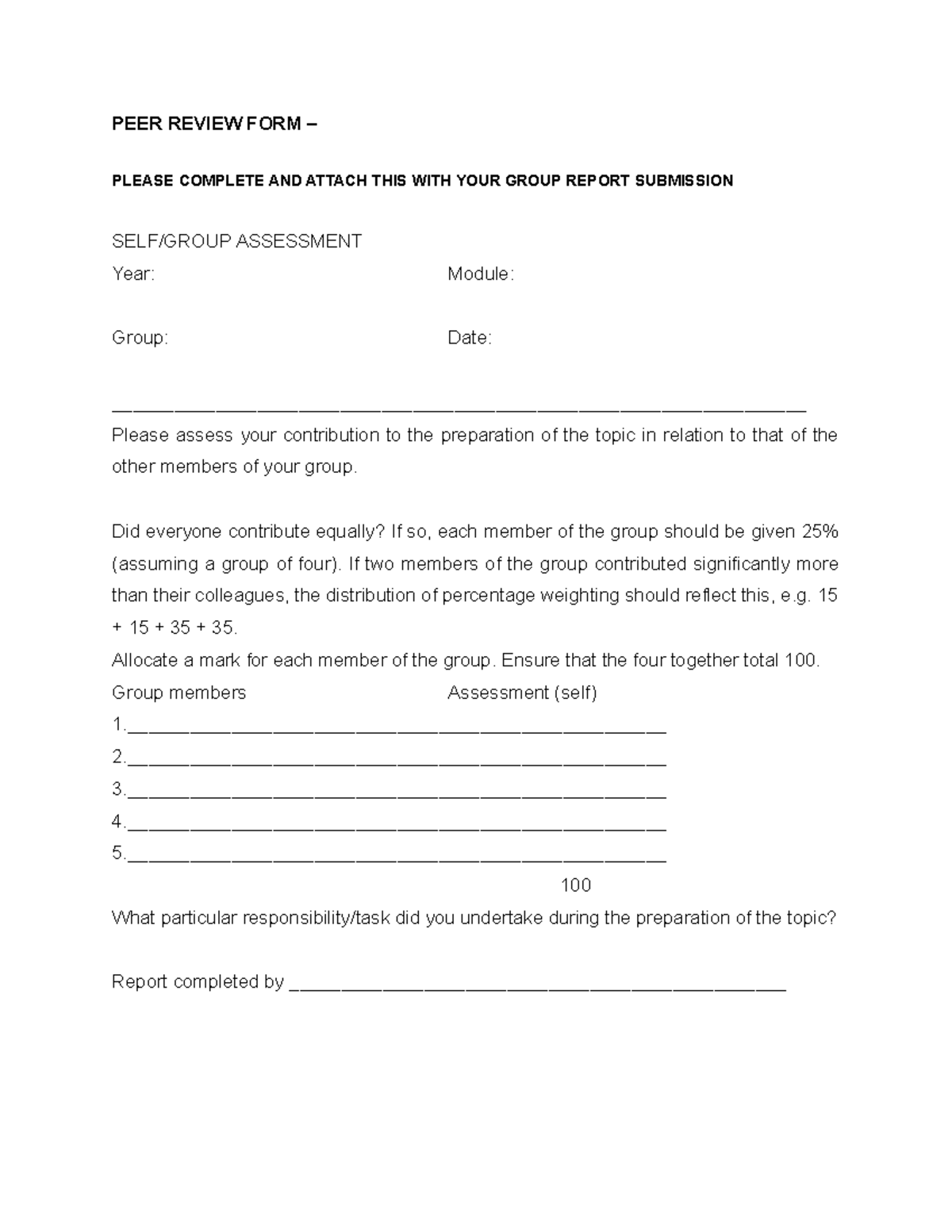 Peer review form - all description about the module - PEER REVIEW FORM ...