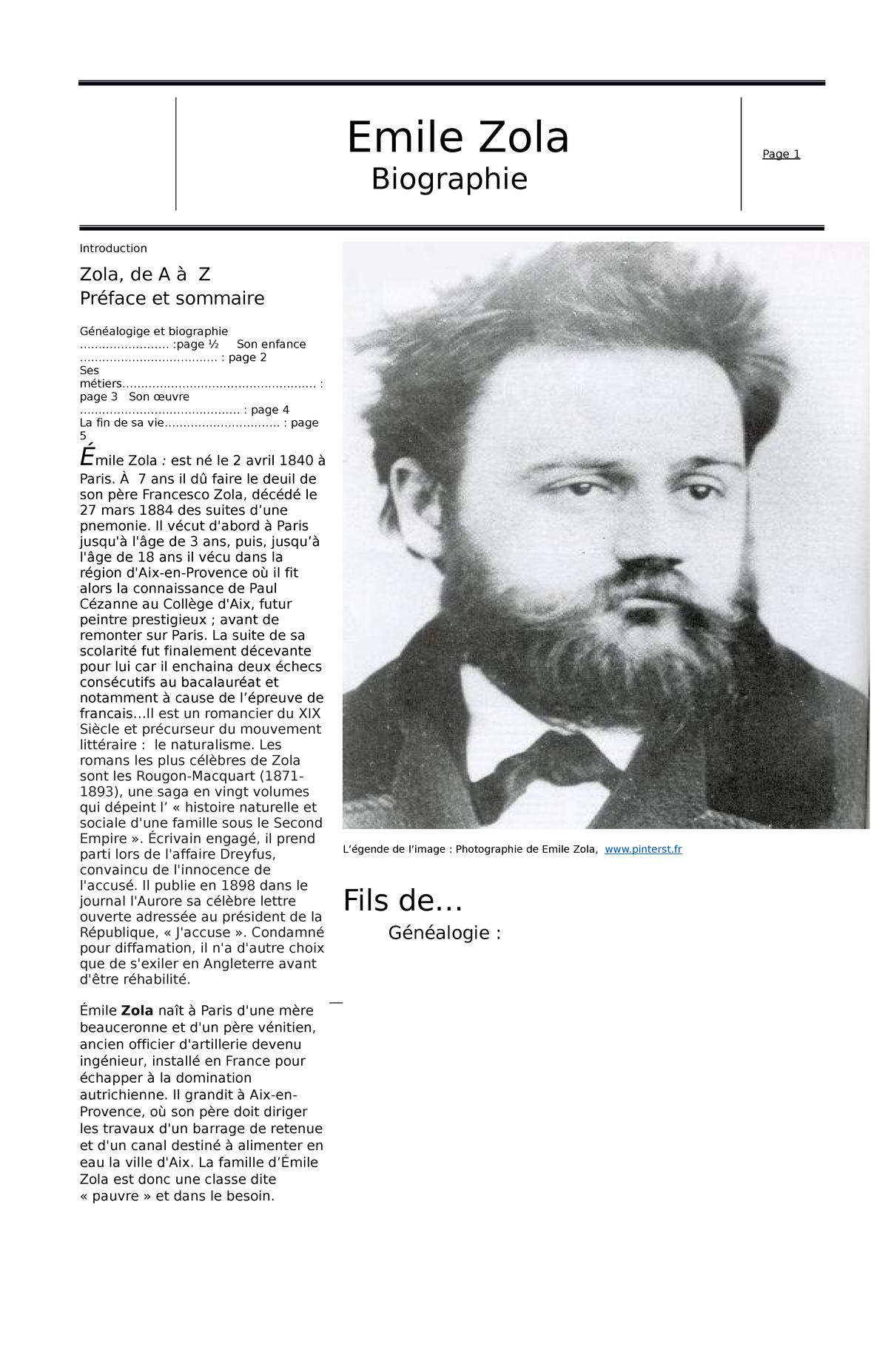 Emile Zola fiche - Mardi 20 septembre AAAA Emile Zola Biographie Page 1 ...