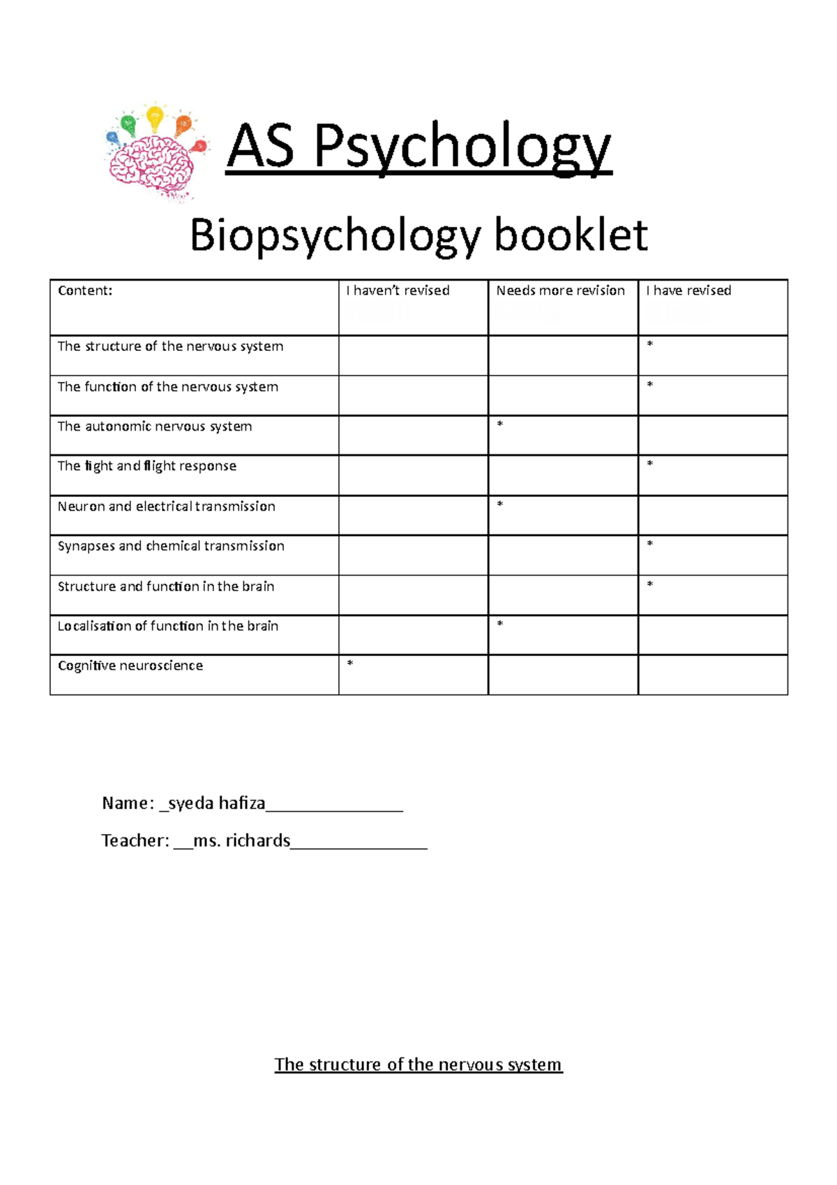 AS Biology for Psych Booklet part 1 - AS Psychology Biopsychology ...