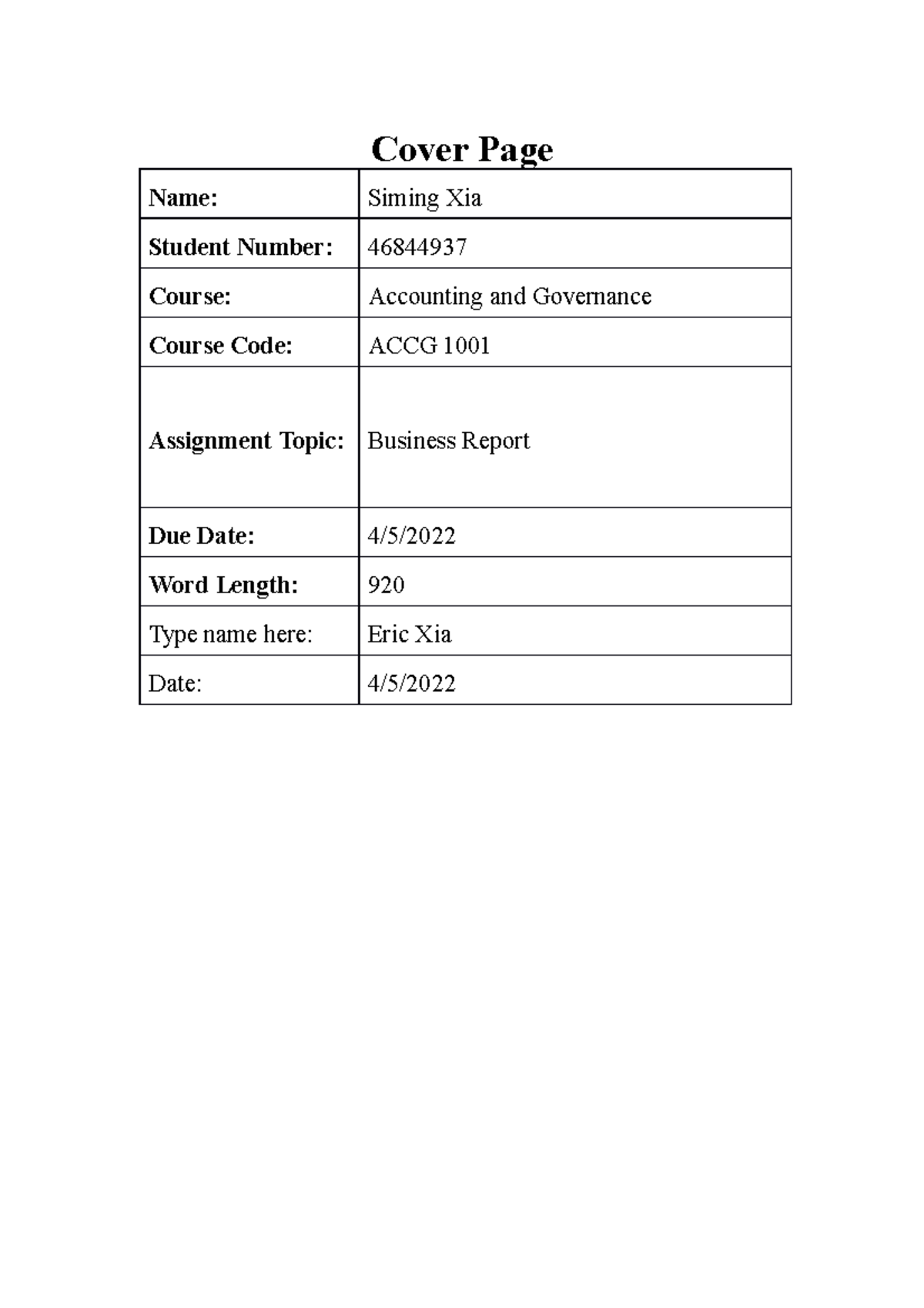 Business Report - Assignmennt - Cover Page Name: Siming Xia Student ...