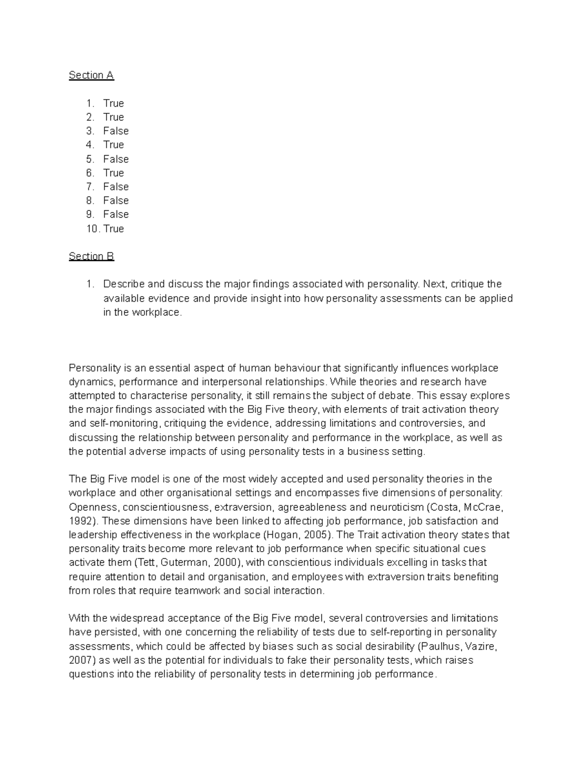 Final assessment for MSIN0003 essays - Section A True True False True ...