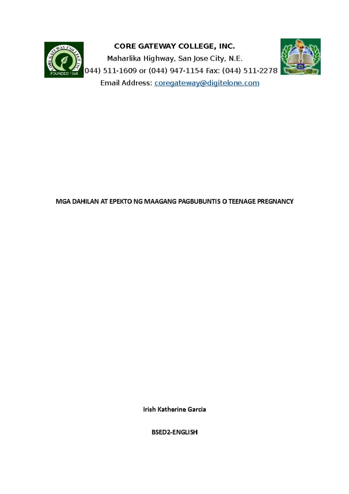 Article - Fil - CORE GATEWAY COLLEGE, INC. Maharlika Highway, San Jose ...