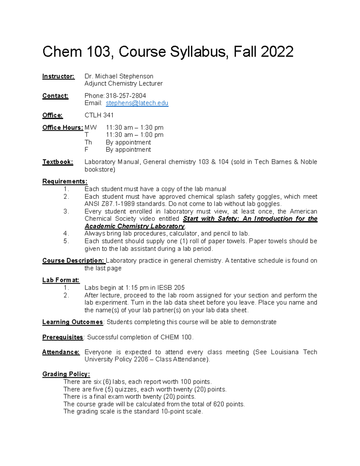 Stephenson CHEM 103 Fall 2022 Syllabus - Chem 103, Course Syllabus ...