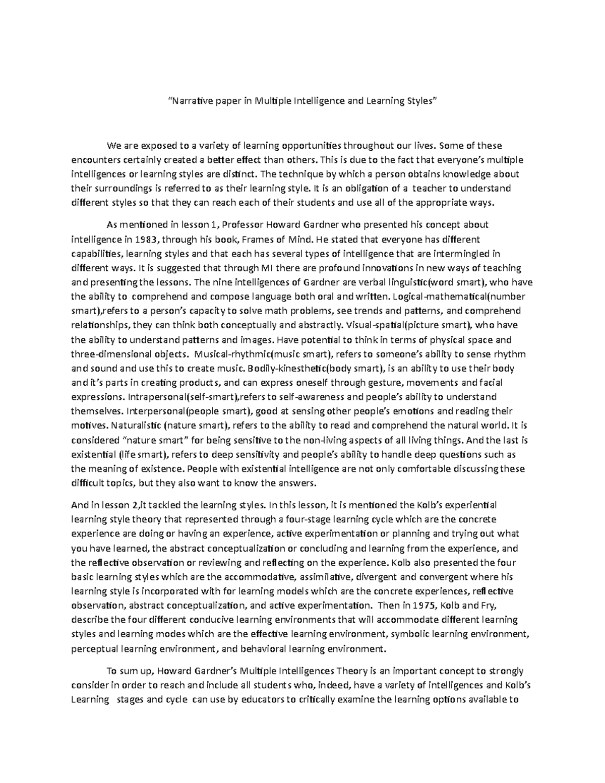 Reflection Paper about the different Multiple Intelligence - BS ...