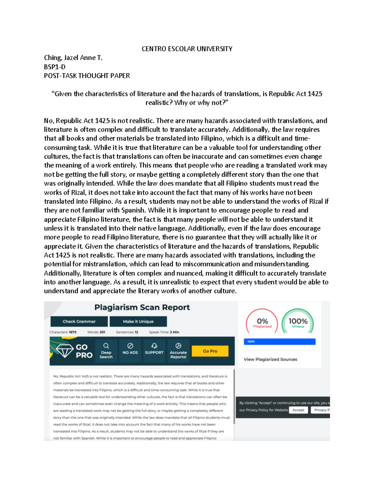 Posttask Ching - CENTRO ESCOLAR UNIVERSITY Ching, Jazel Anne T. BSP1-D ...