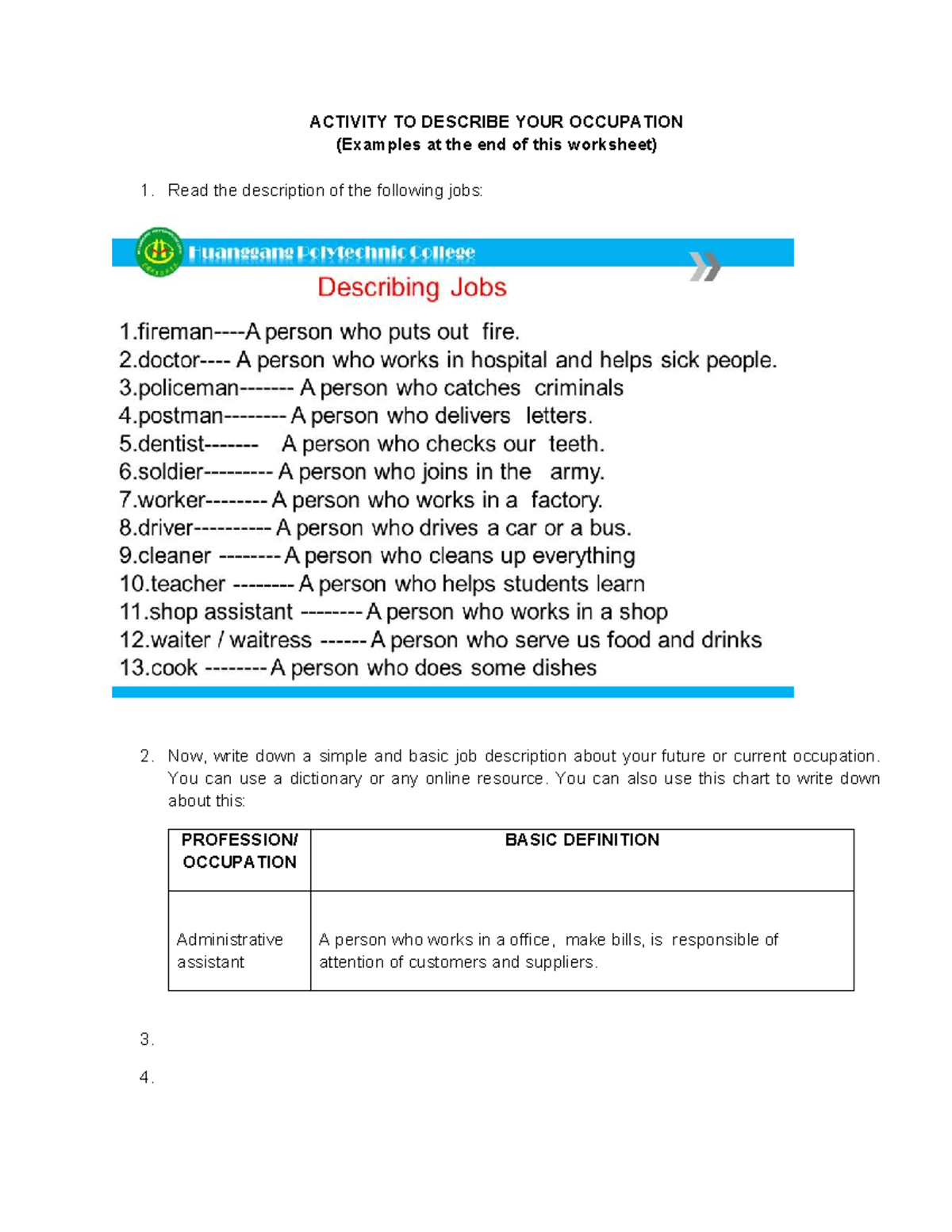 Activity to describe your occupation - ACTIVITY TO DESCRIBE YOUR ...