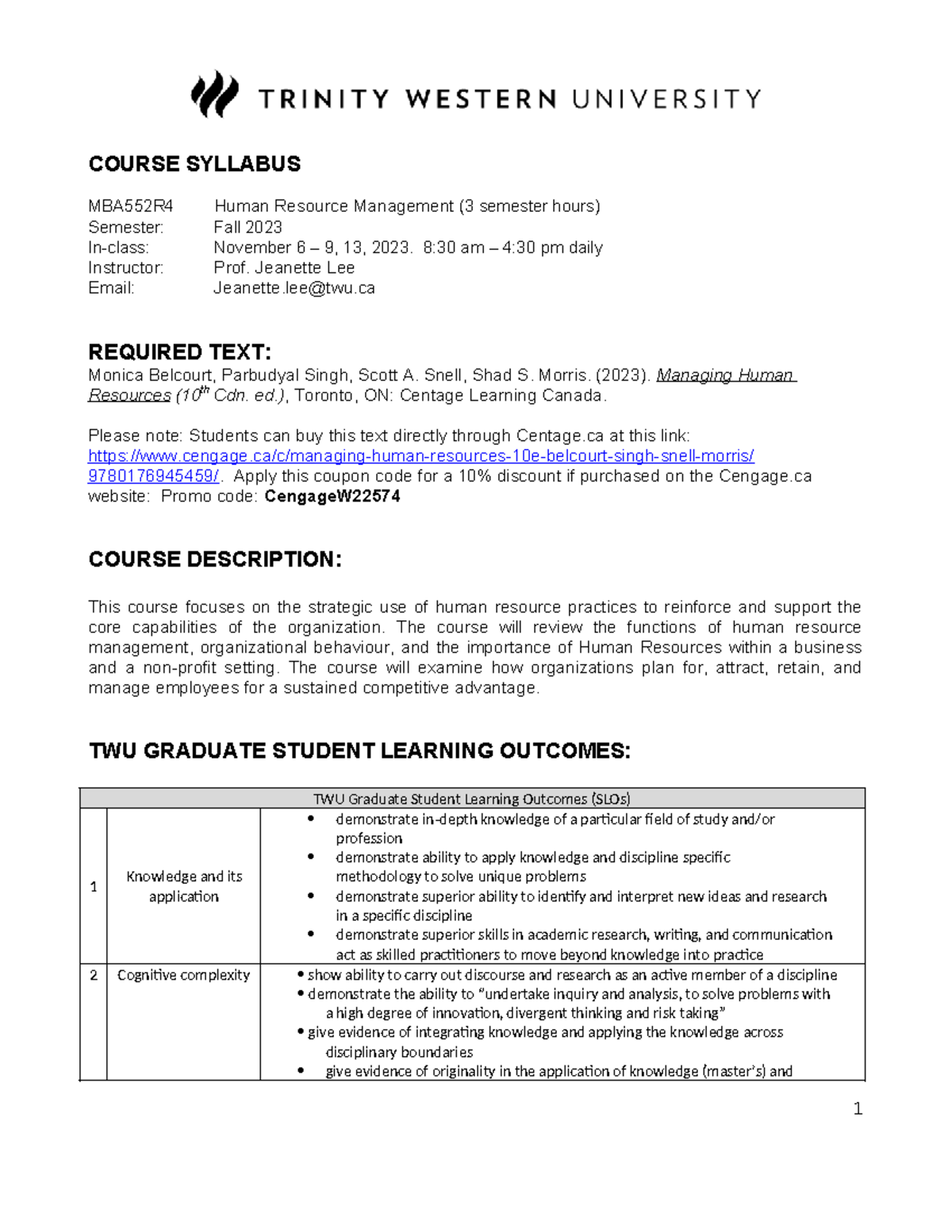 MBA552R4 Syllabus Nov 2023 - COURSE SYLLABUS MBA552R4 Human Resource Management (3 semester ...