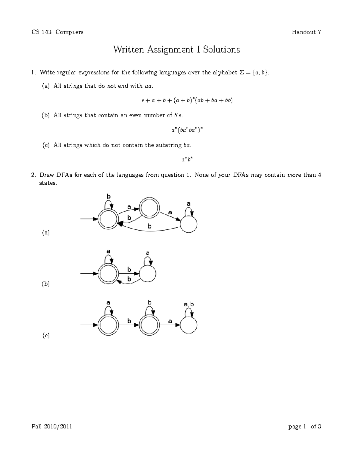 WA1-sols - Professional Practices - CS 143 Compilers Handout 7 Written Assignment I Solutions ...