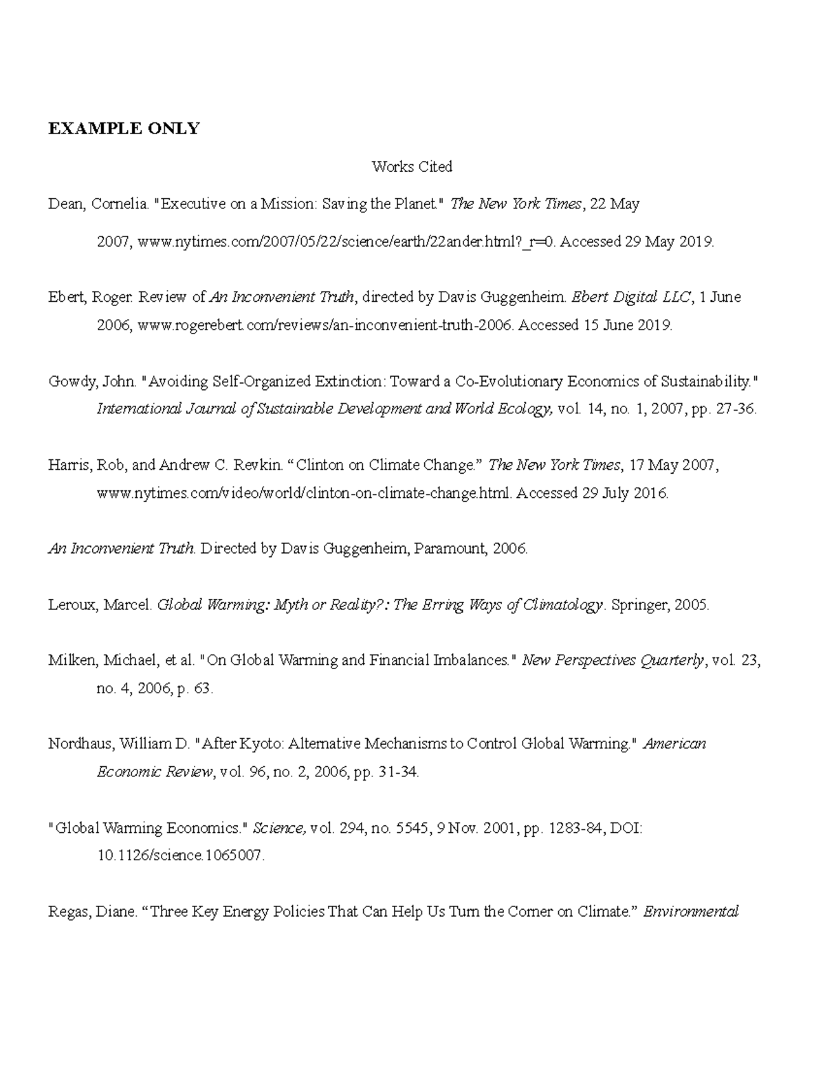 Works Cited Example - Supplementary lecture material. - EXAMPLE ONLY ...