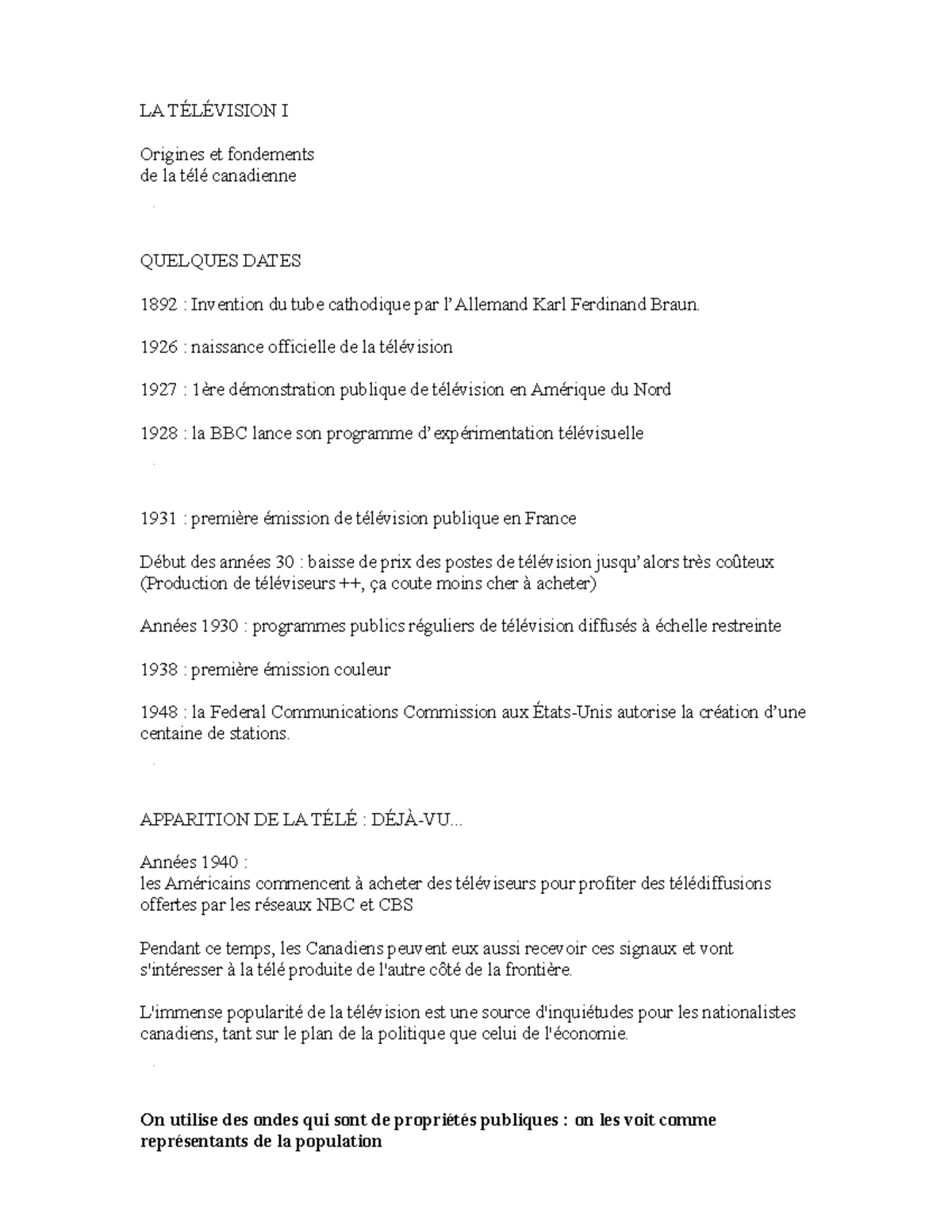 Cours 1- télévision - LA TÉLÉVISION I Origines et fondements de la télé ...