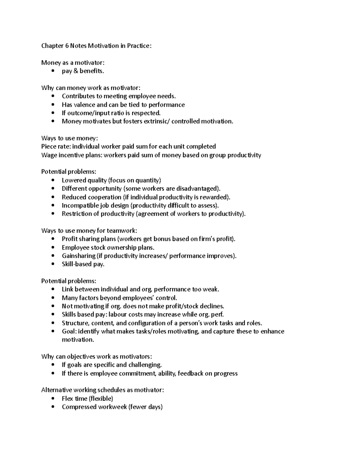 Chapter 6 Notes - Chapter 6 Notes Motivation in Practice: Money as a ...