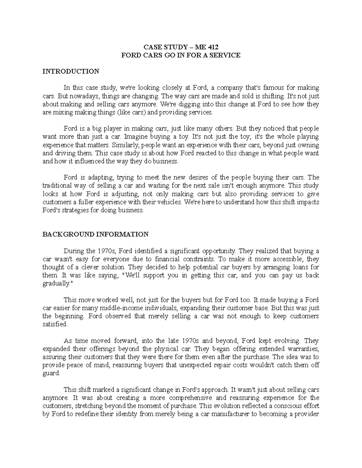 CASE Study – ME 412 - CASE STUDY – ME 412 FORD CARS GO IN FOR A SERVICE ...