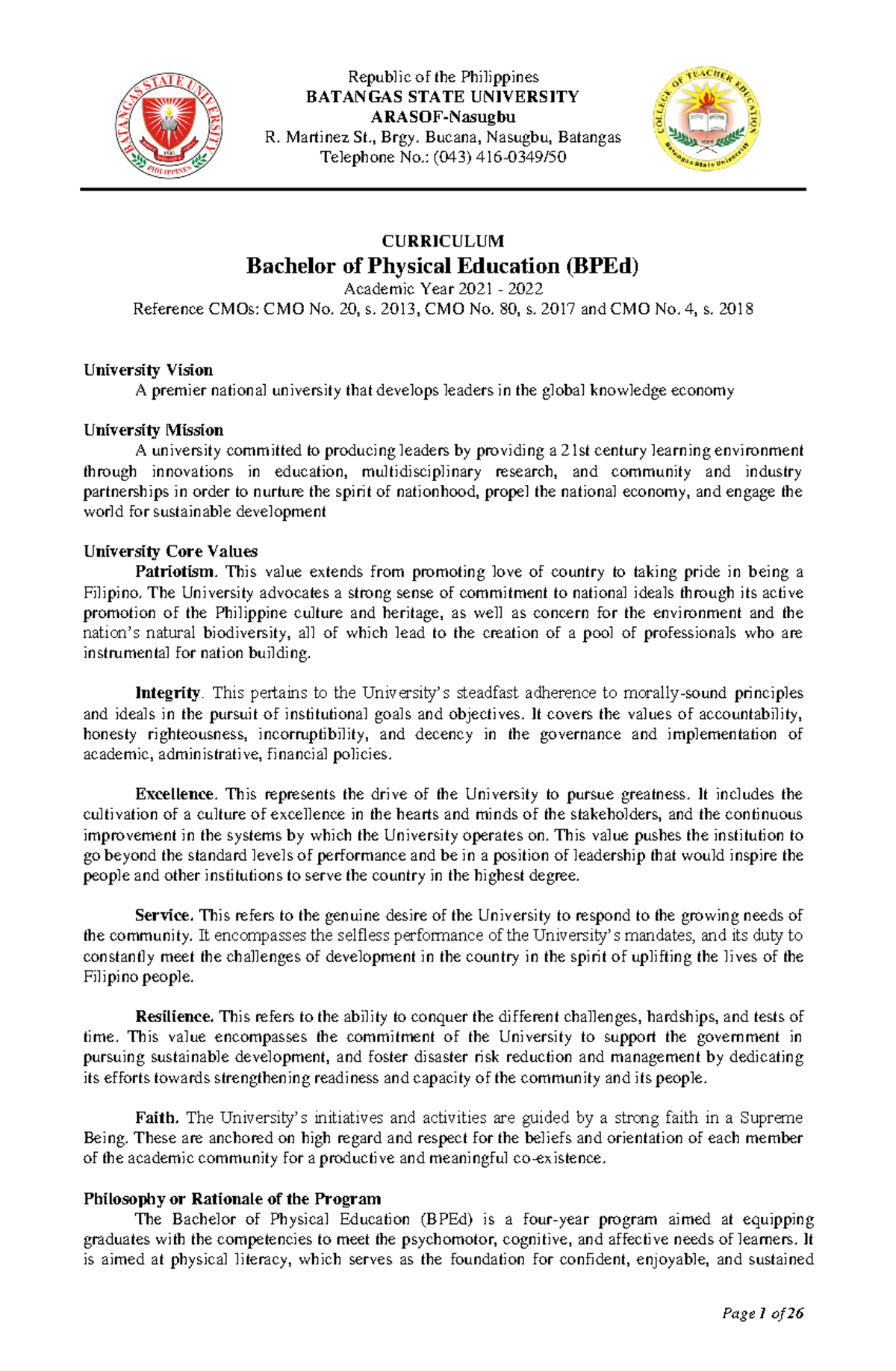 BPEd- Curriculum-Revised - Republic of the Philippines BATANGAS STATE ...