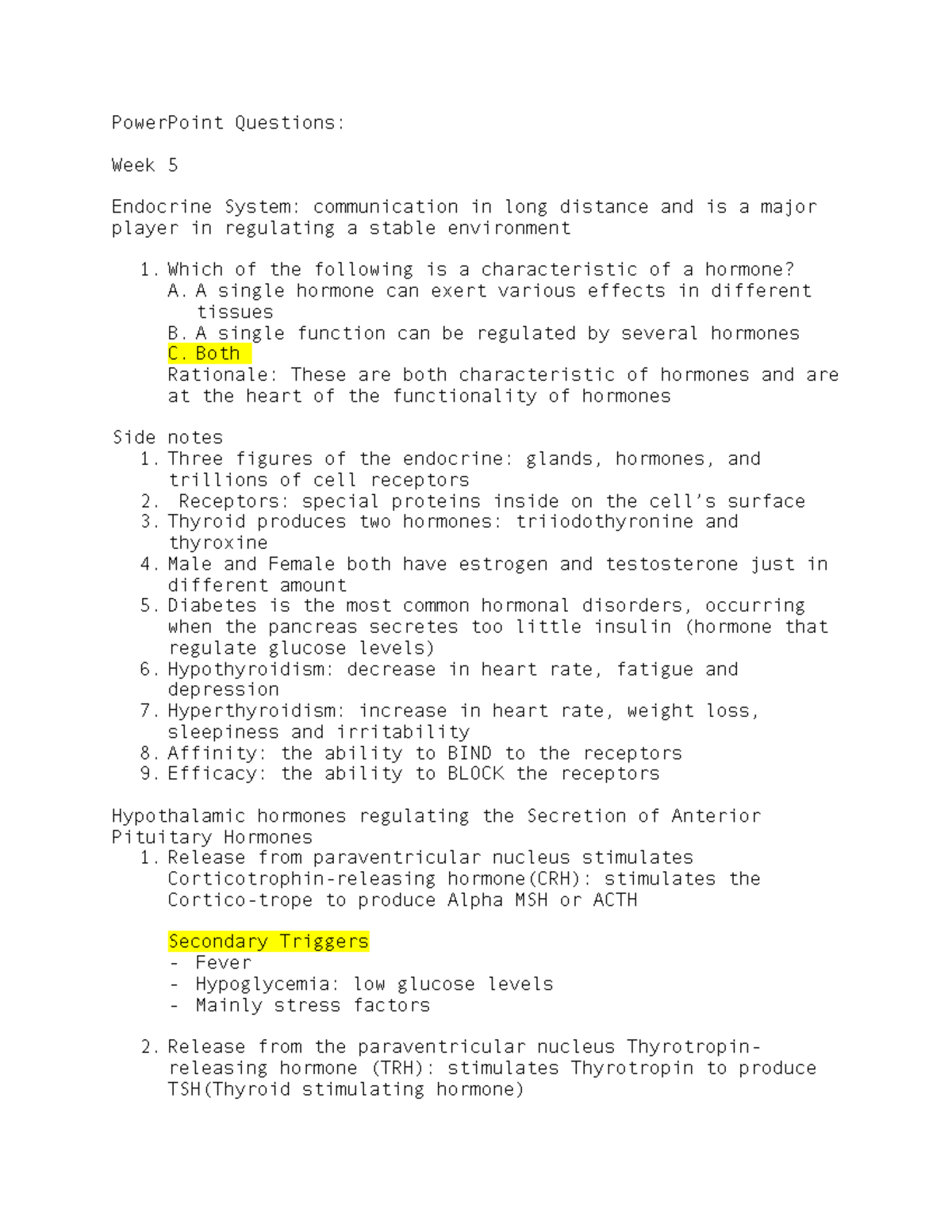 Power Point Questions Exam 2 - PowerPoint Questions: Week 5 Endocrine ...