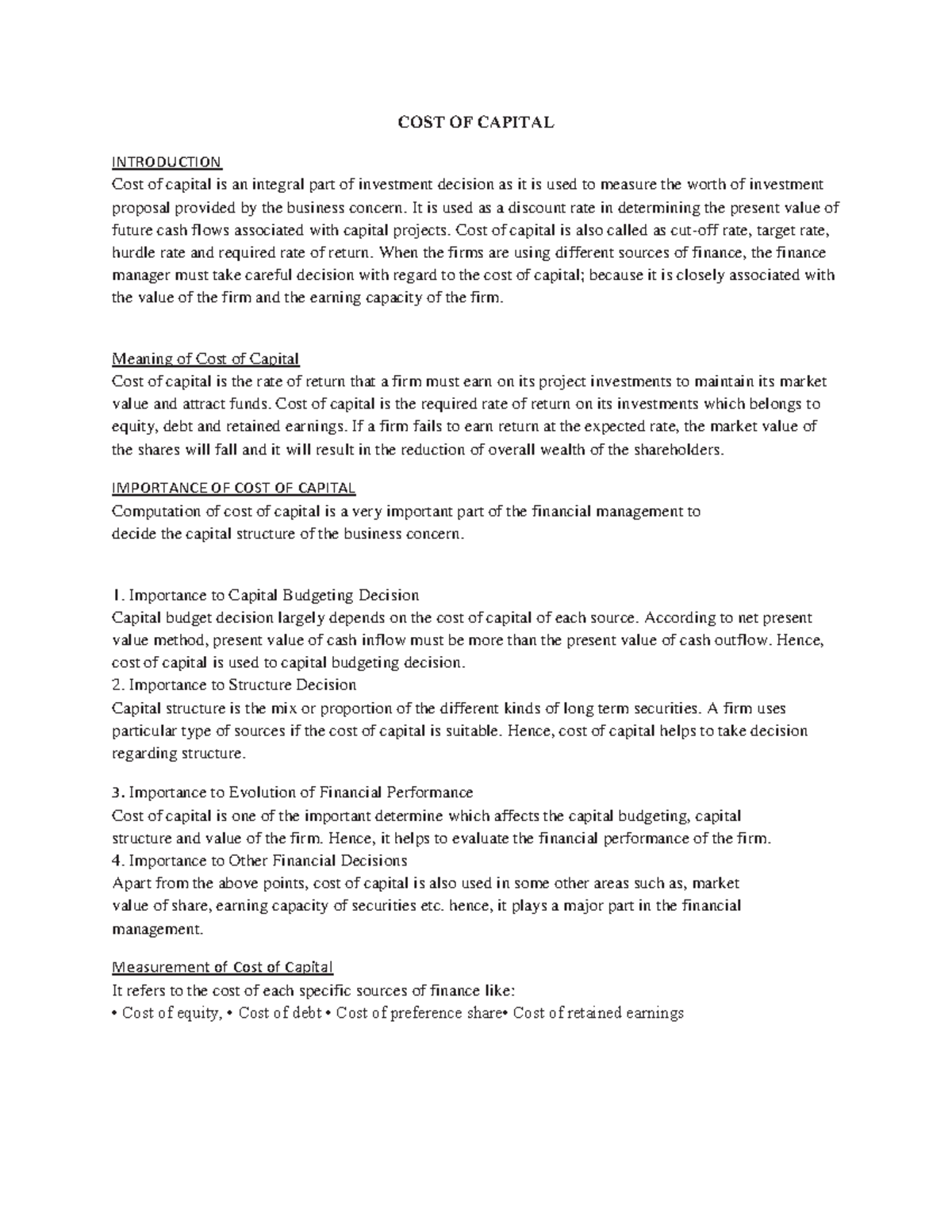 Cost of Capital lecture notes - COST OF CAPITAL INTRODUCTION Cost of ...