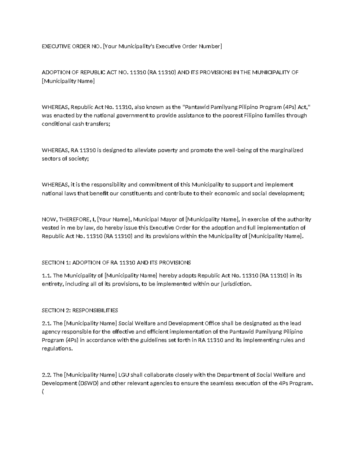 Executive Order NO sample 1-1 - EXECUTIVE ORDER NO. [Your Municipality ...