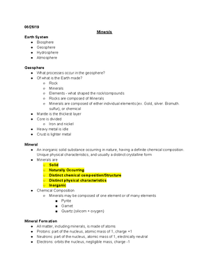 Week 1 GEOL 107 - Lecture notes 1-2 - 08/26/ Minerals Earth System ...