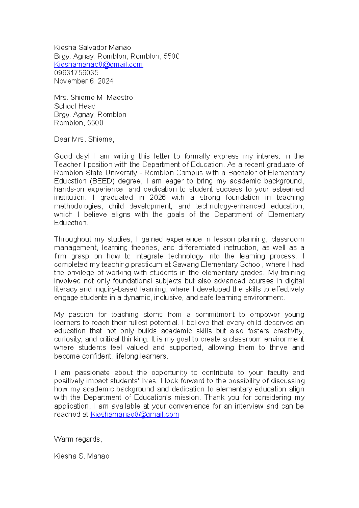 Formal Letter - Kiesha Salvador Manao Brgy. Agnay, Romblon, Romblon ...